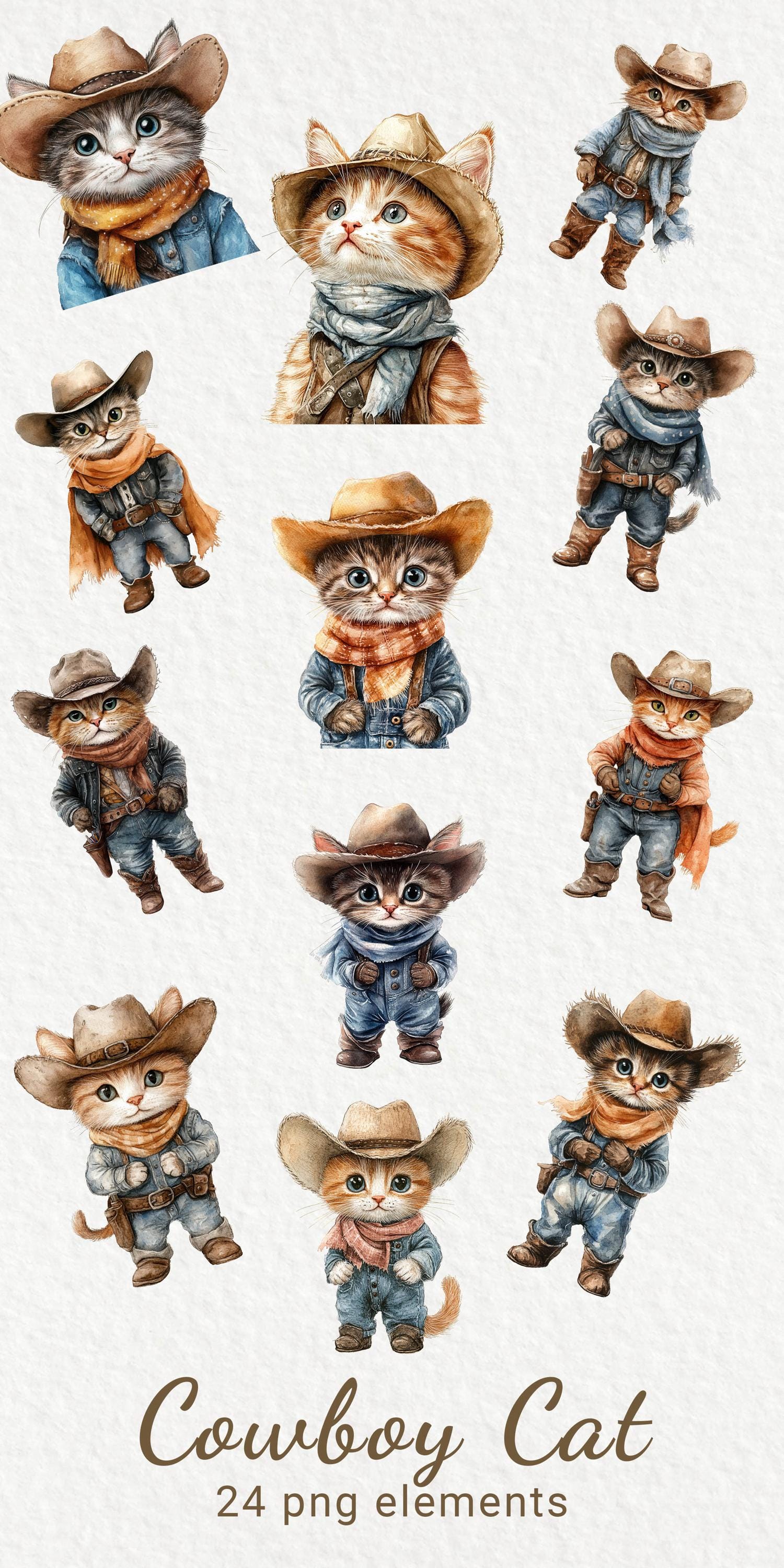 Cowboy Cat Clipart - 24 PNG Watercolor Kitten in Cowboy Hat Clip Art ...