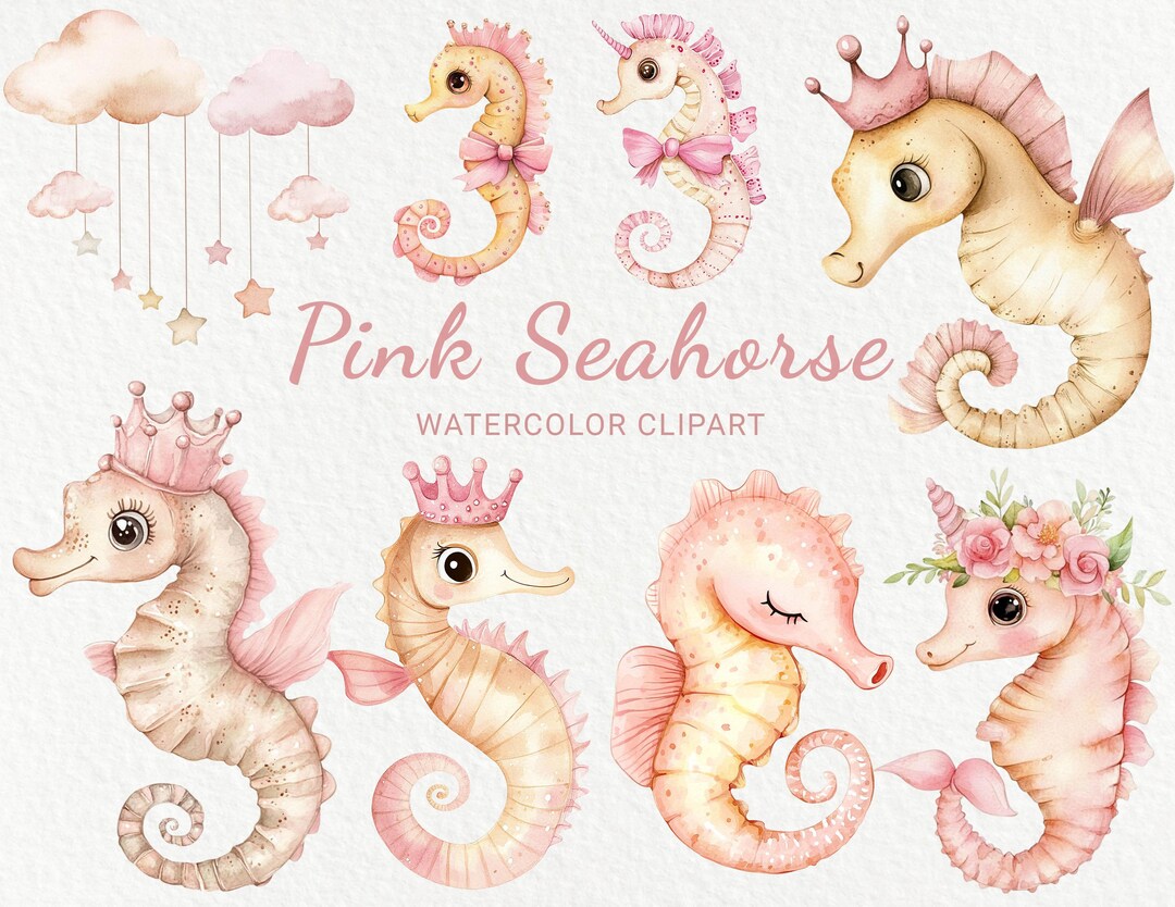 Pink Seahorse Clipart - 24 PNG Watercolor Nautical Clipart, Sea ...