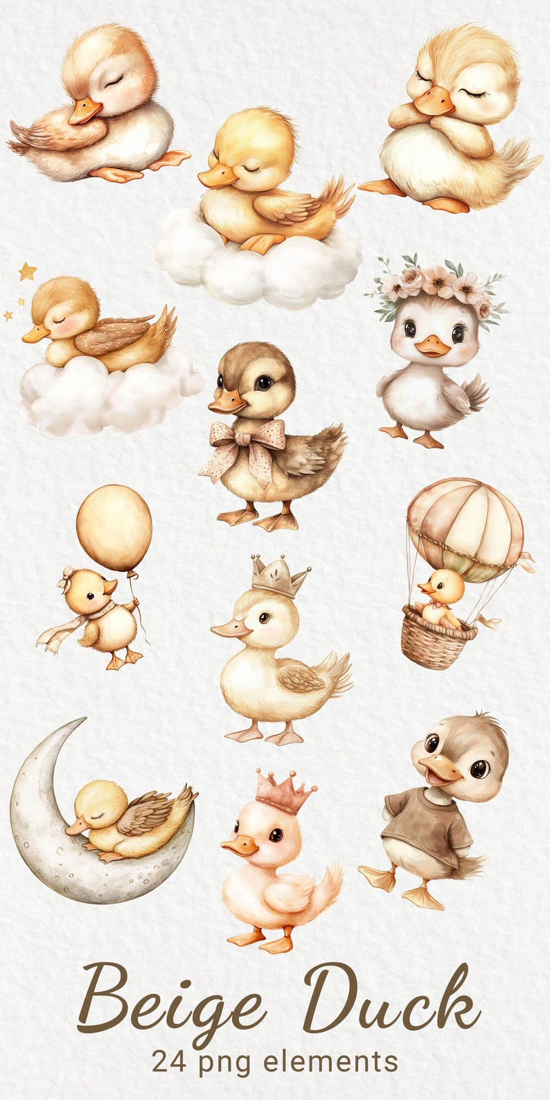 Duck Nursery Watercolor Clipart - 24 PNG Cute Duck in Beige & Brown ...