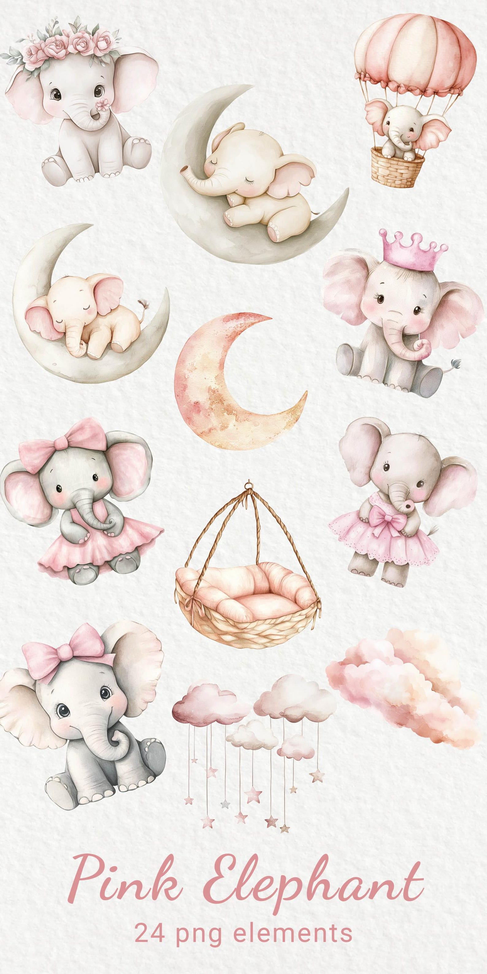 Pink Elephant Nursery Watercolor Clipart - 24 PNG Safari Animals Kids ...