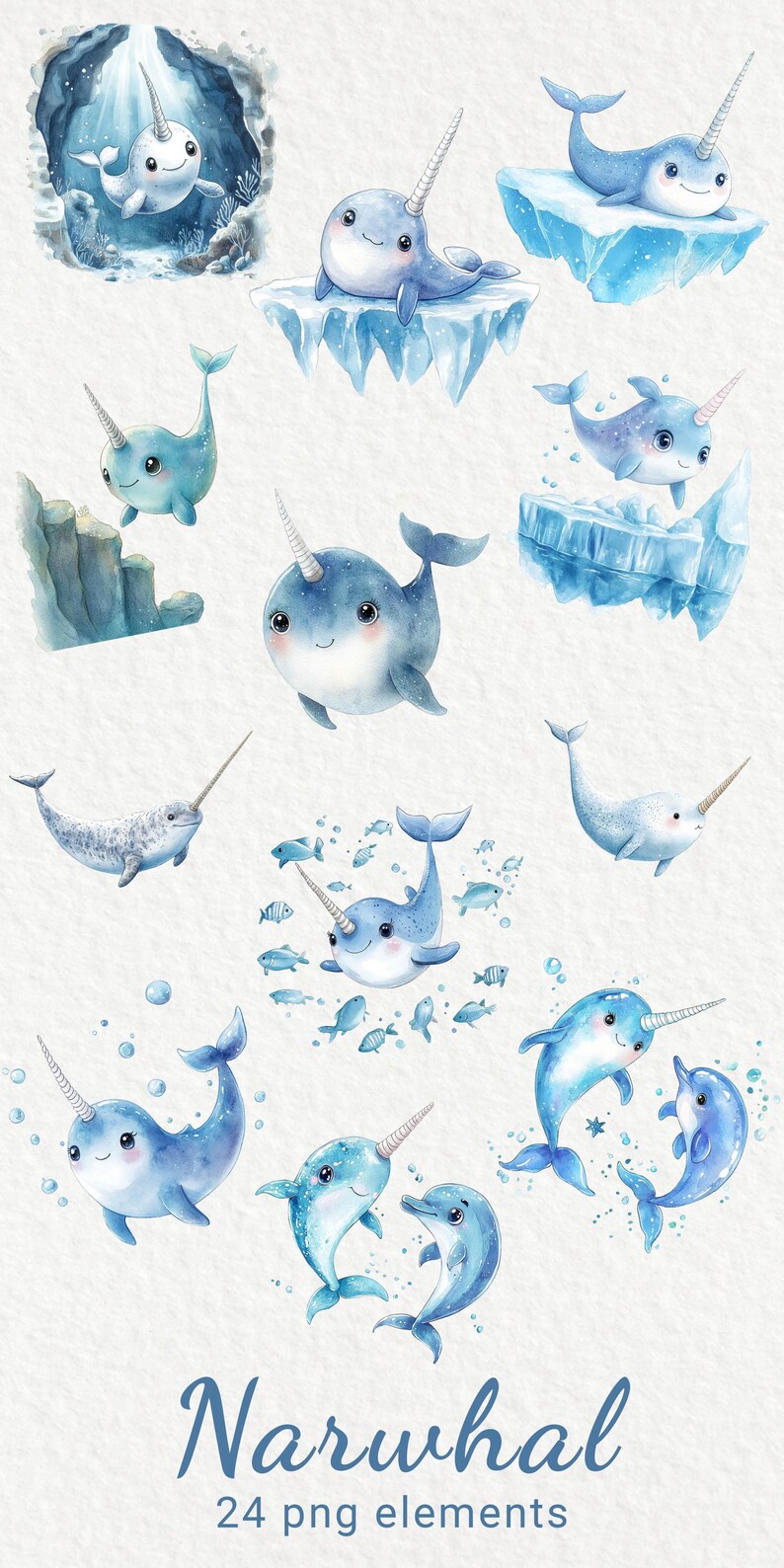 Narwhal Clipart - 24 PNG Watercolor Baby Narwhal Clip Art, Funny Sea ...