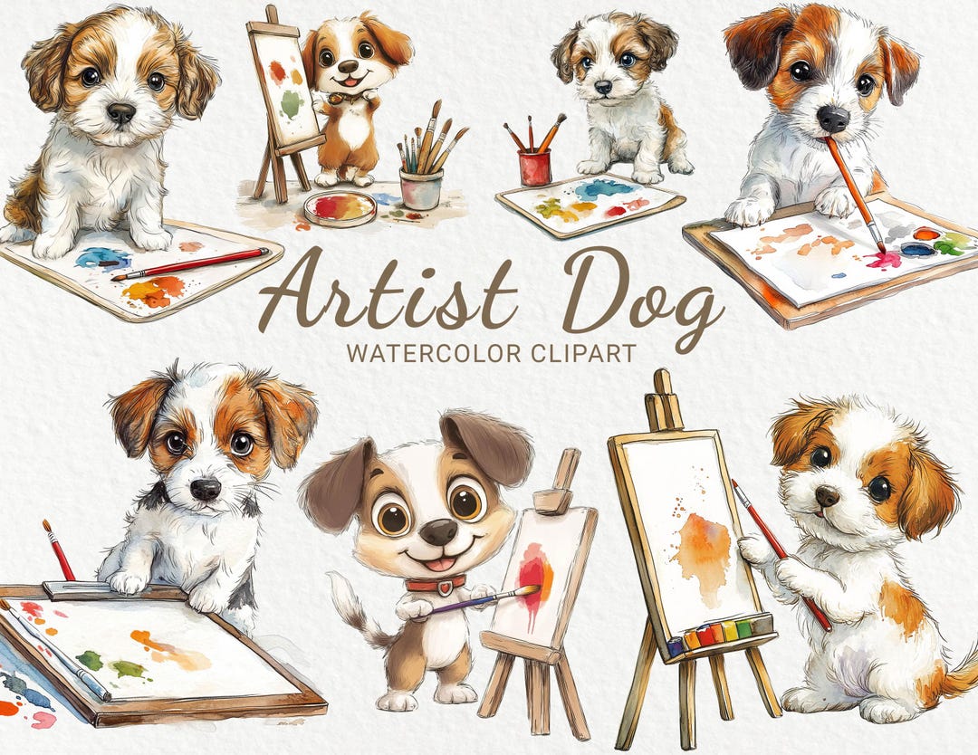 Artist Dog Watercolor Clipart - 24 PNG Cute Dog Painter, Nursery Decor ...
