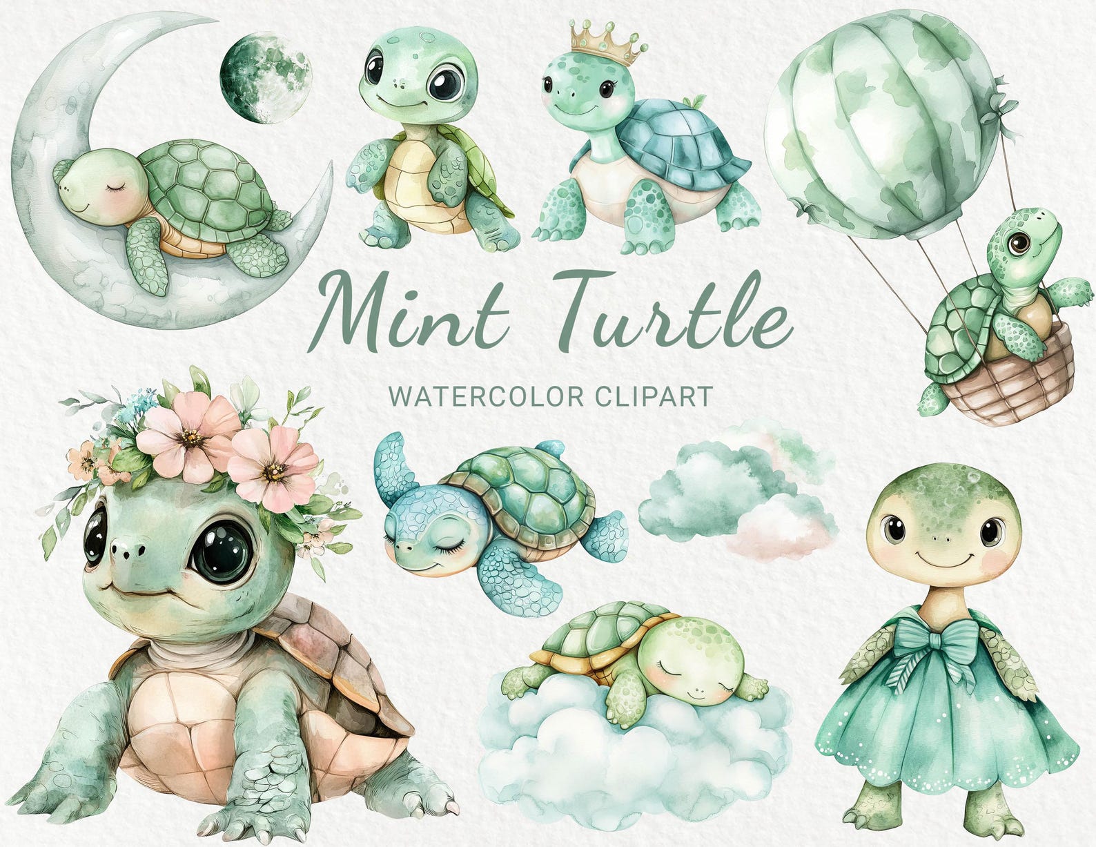 Green Turtle Nursery Watercolor Clipart - 24 PNG Cute Turtle in Mint ...