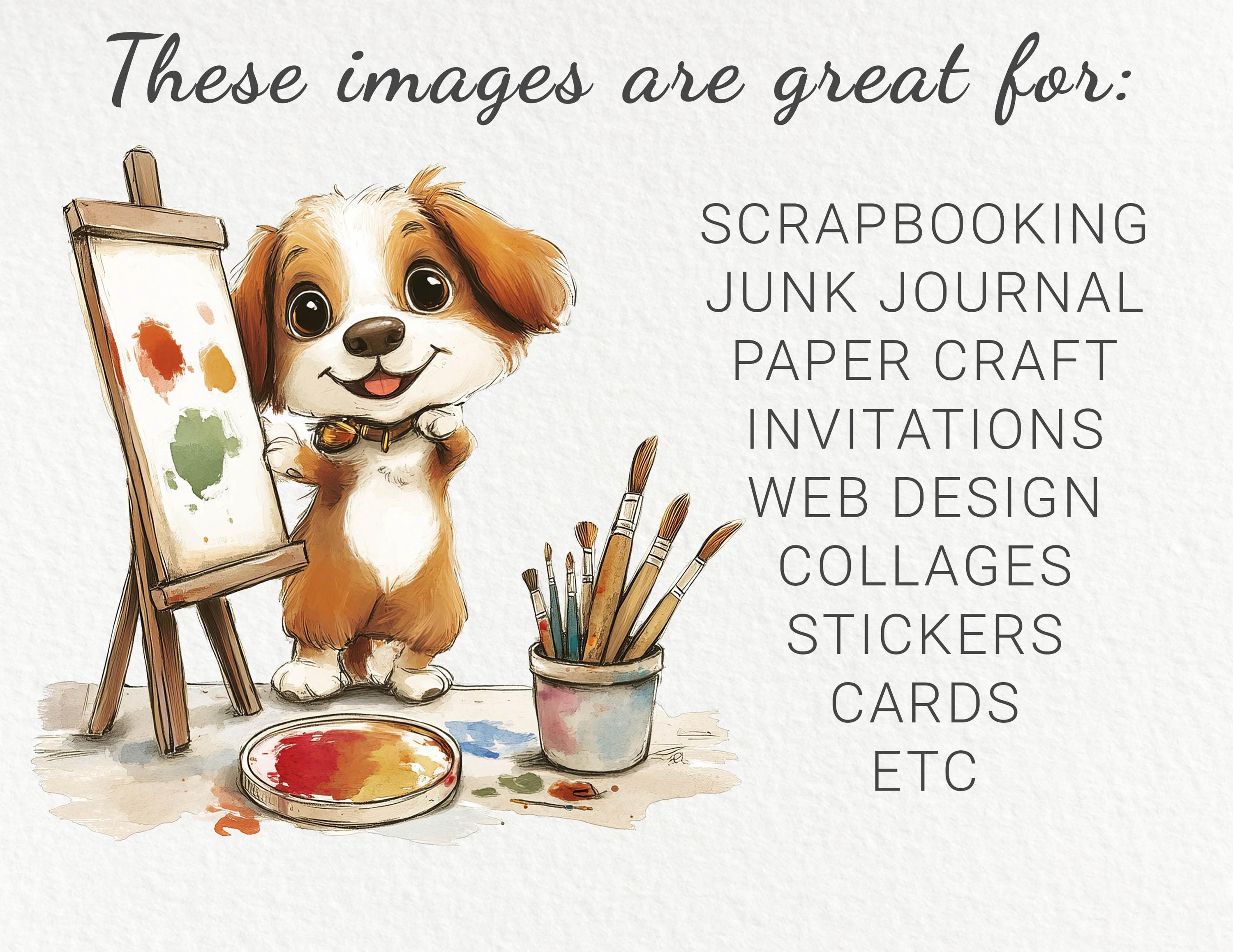 Artist Dog Watercolor Clipart - 24 PNG Cute Dog Painter, Nursery Decor ...