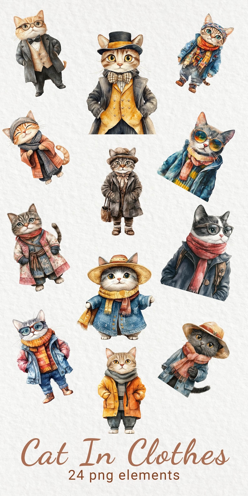 Watercolor Cat Clipart – Cats in Clothes PNG (digital Download) - Etsy