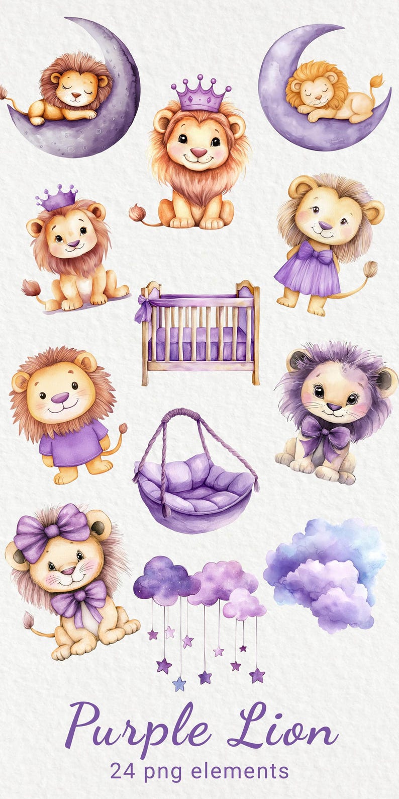 Purple Lion Nursery Watercolor Clipart - 24 PNG Safari Animals Decor in ...
