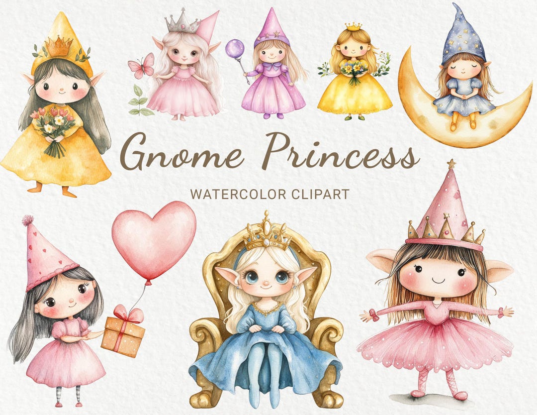 Gnome Princess Clipart - 24 PNG Watercolor Little Gnome Girl, Printable ...