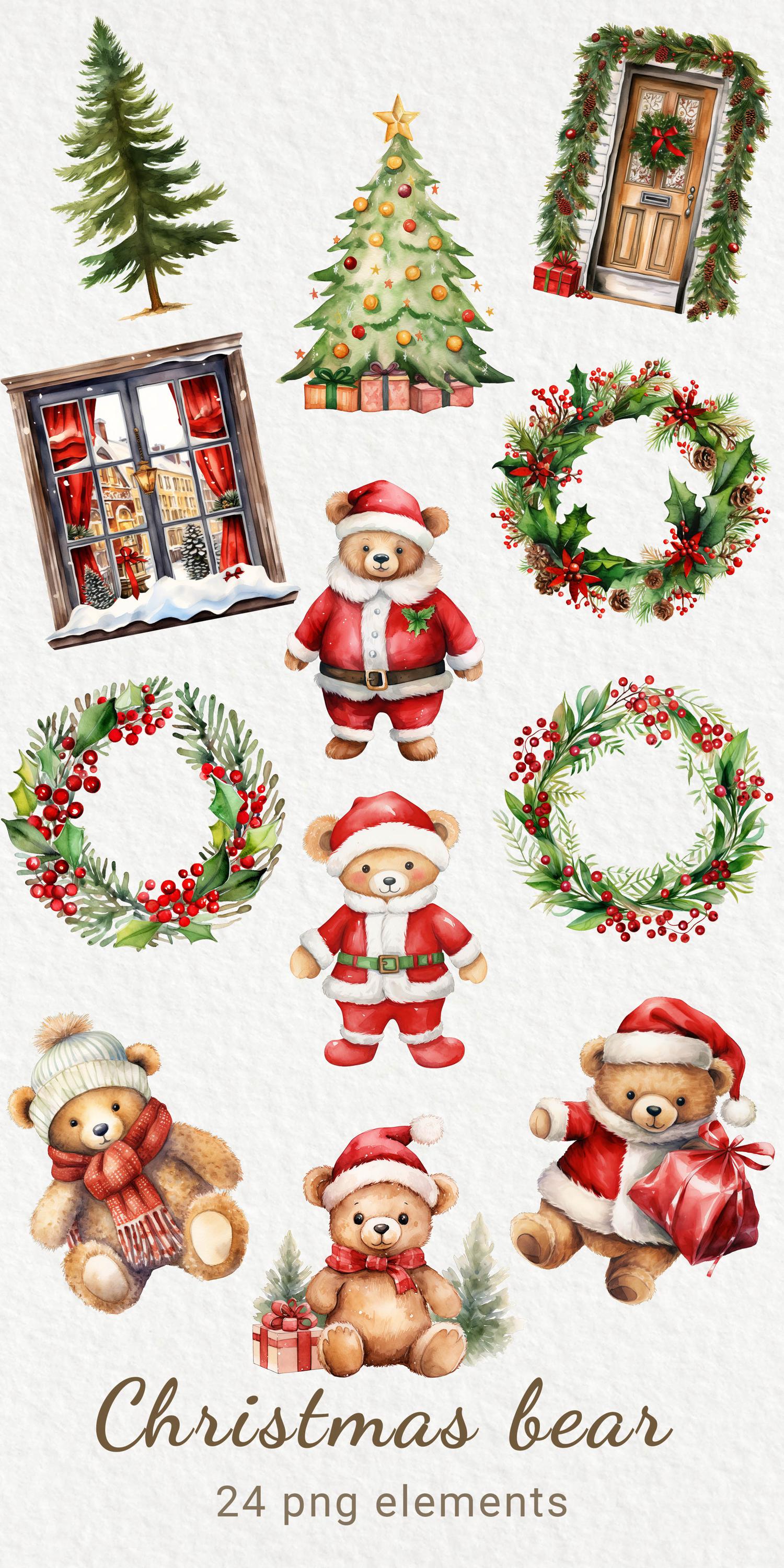 Christmas Bear Watercolor Clipart - 24 PNG Winter Decor Images, Animals ...