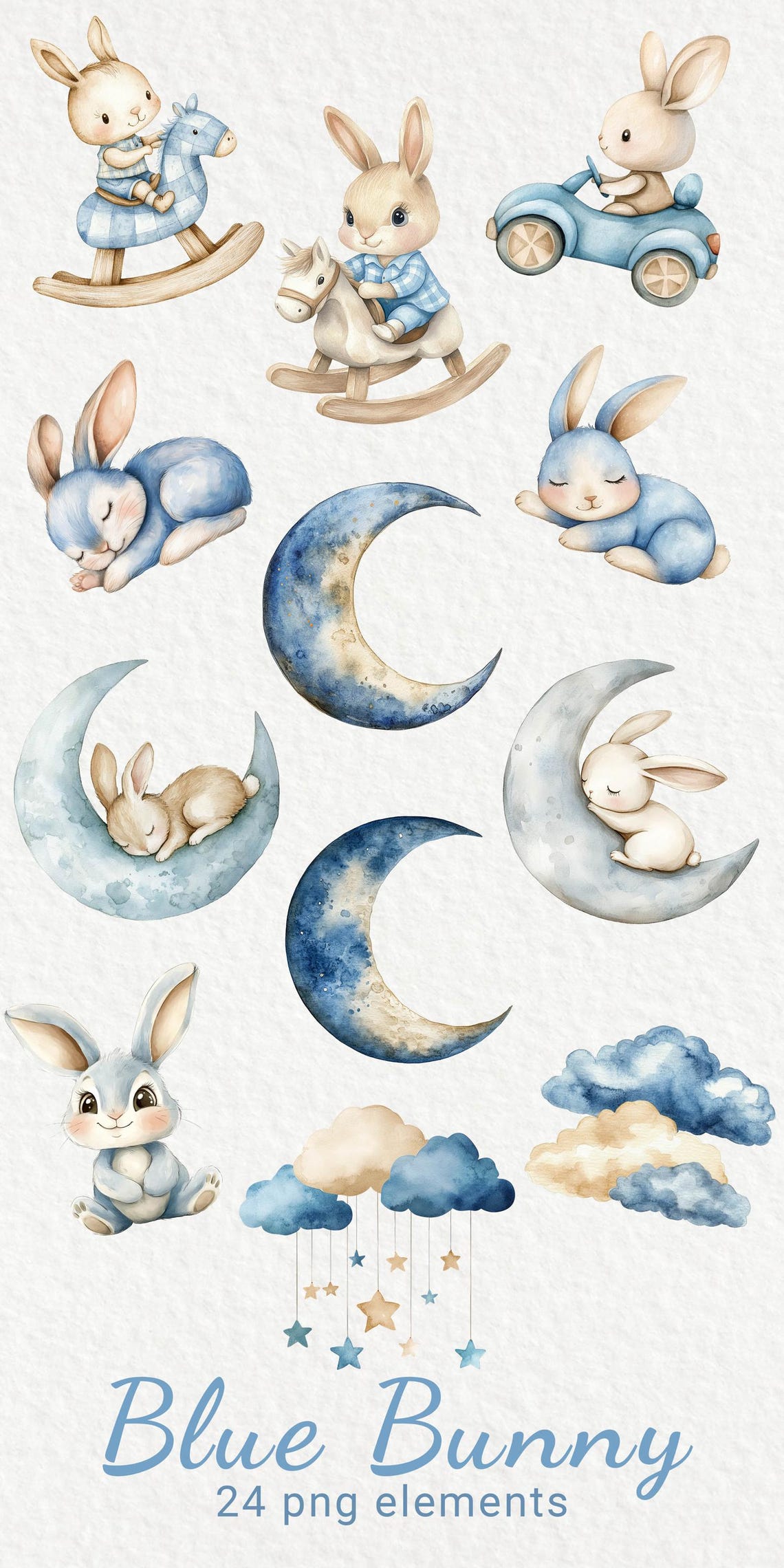 Blue Bunny Watercolor Clipart - 24 PNG Nursery Cute Fairy Animals ...