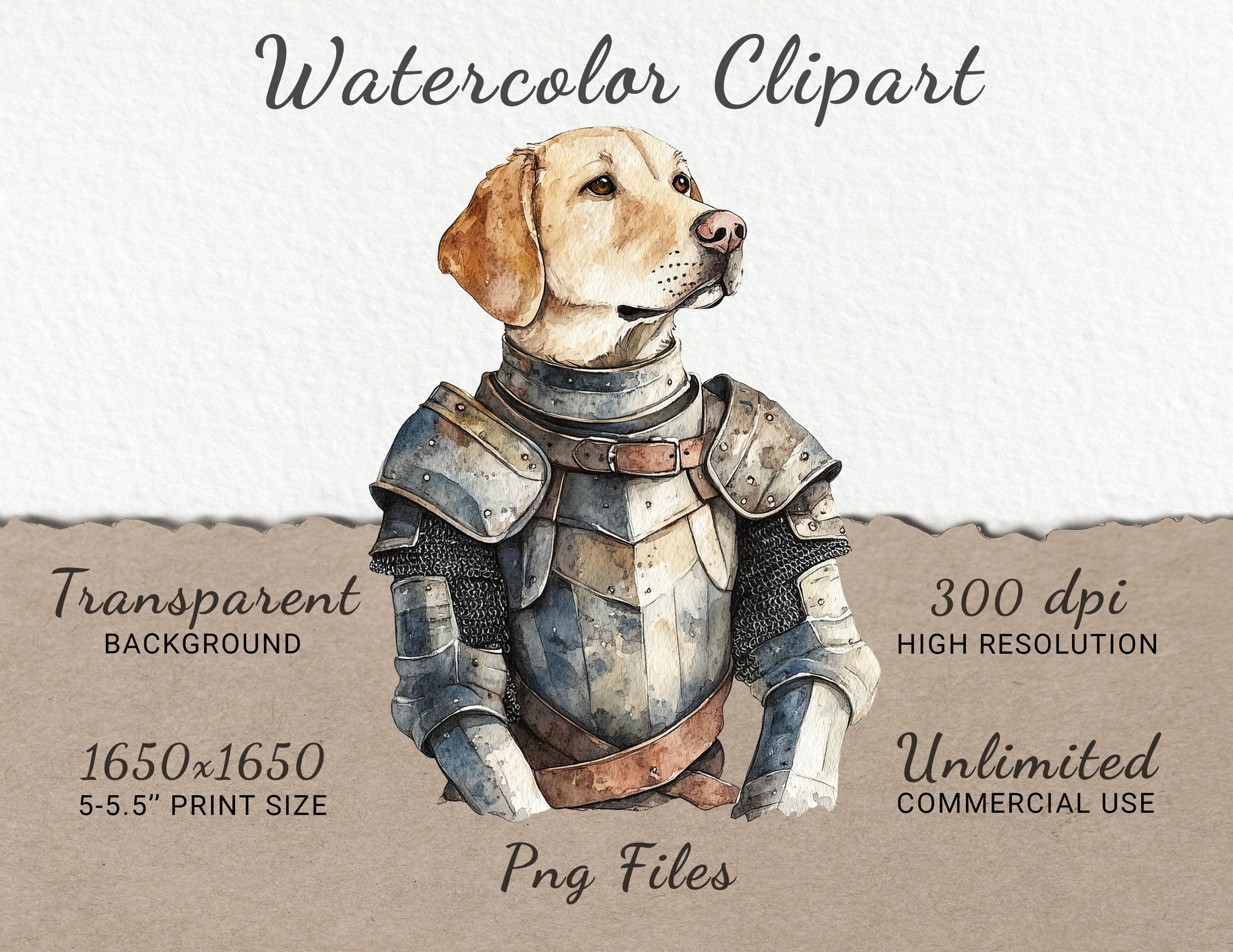 Dog Knight Clipart - 24 PNG Watercolor Puppy in Vintage Armor, Cute ...