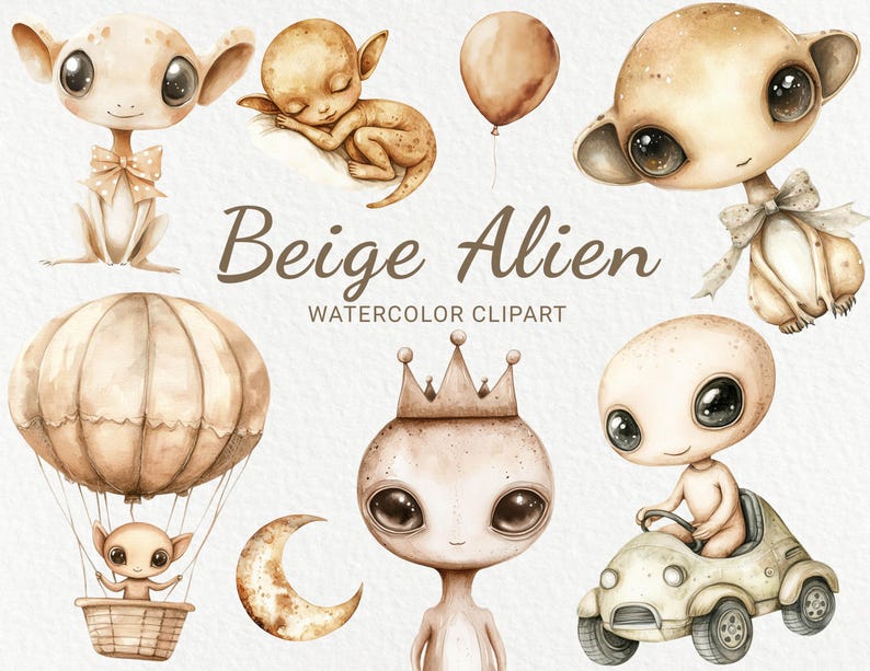 Alien Watercolor Clipart - 24 PNG Cute Alien in Beige & Brown, Nursery ...