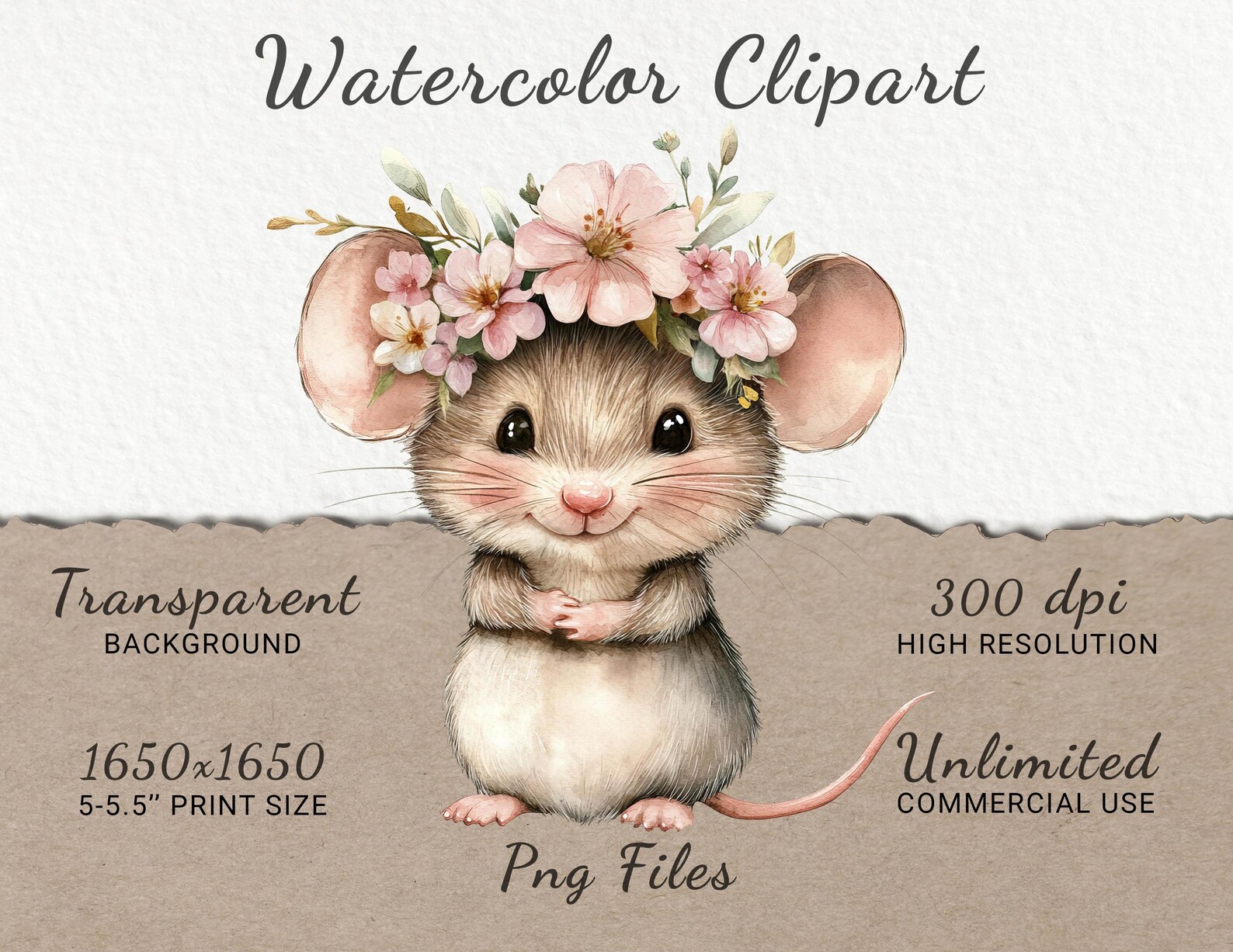 Pink Mouse Nursery Watercolor Clipart - 24 PNG Cute Fairy Animals Decor ...