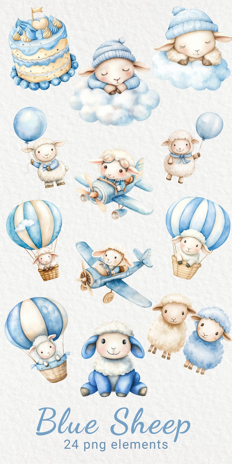 Blue Lamb Nursery Watercolor Clipart - 24 PNG Cute Sheep, Animals Decor ...