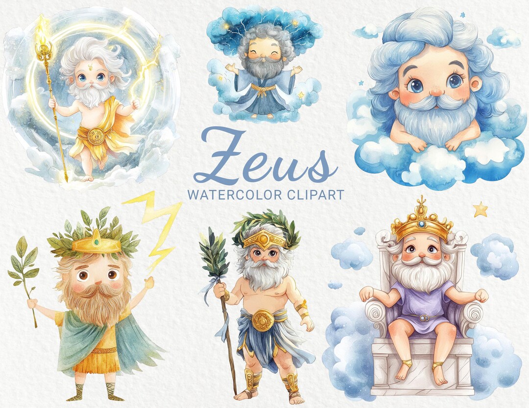 Chibi Zeus Watercolor Clipart - 24 PNG Nursery Cute Olympus Scene ...