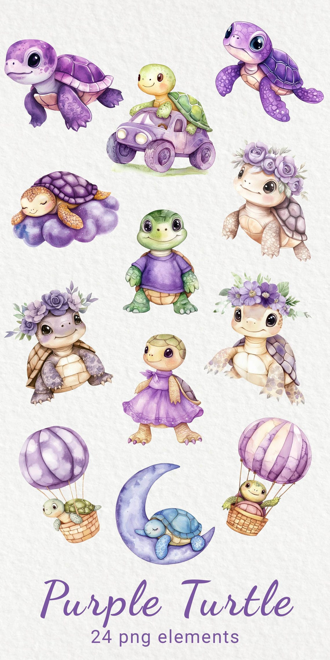 Purple Turtle Nursery Watercolor Clipart - 24 PNG Cute Turtle in Lilac ...