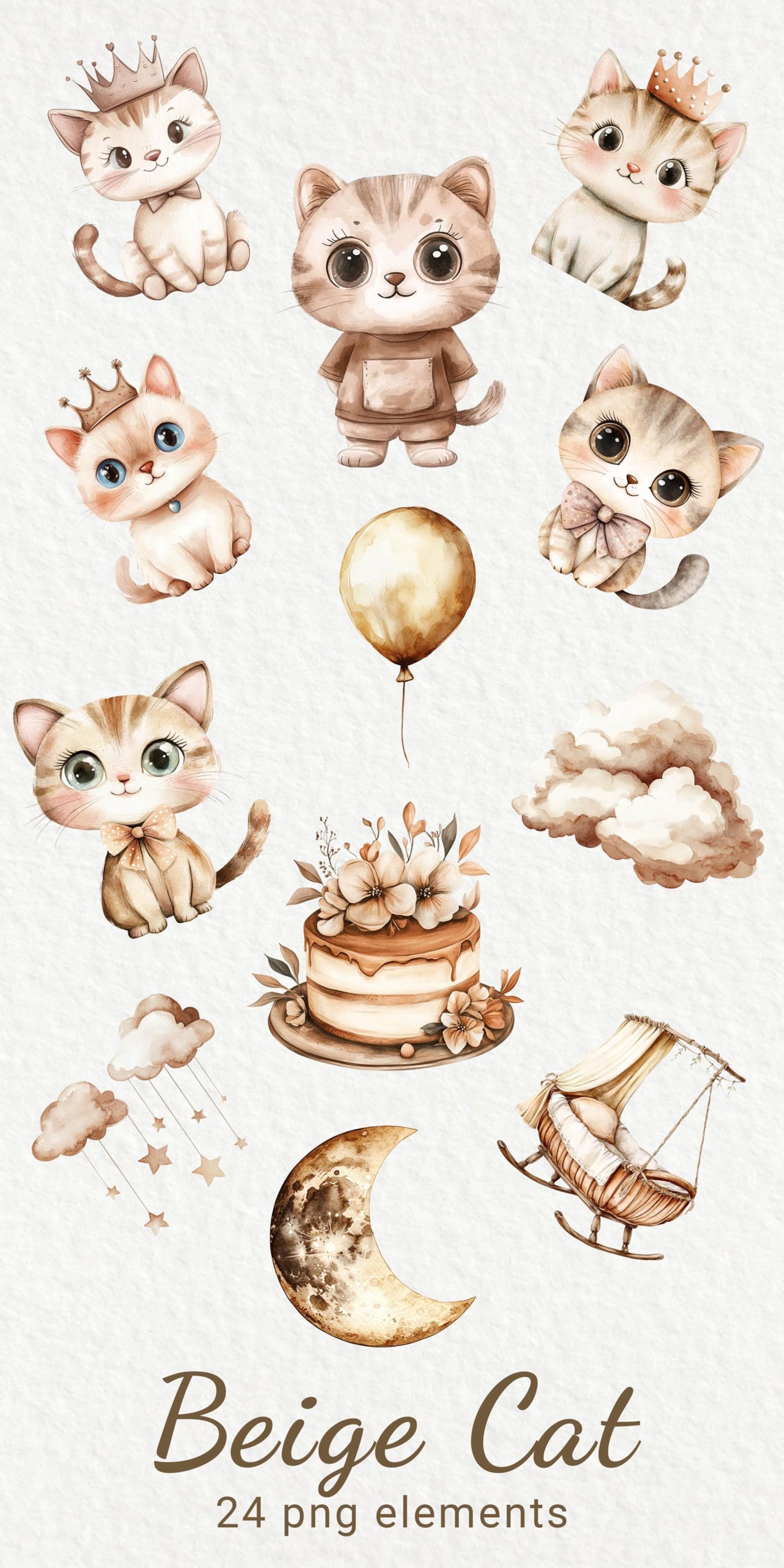 Cat Nursery Watercolor Clipart - 24 PNG Cute Fairy Animals Decor in ...