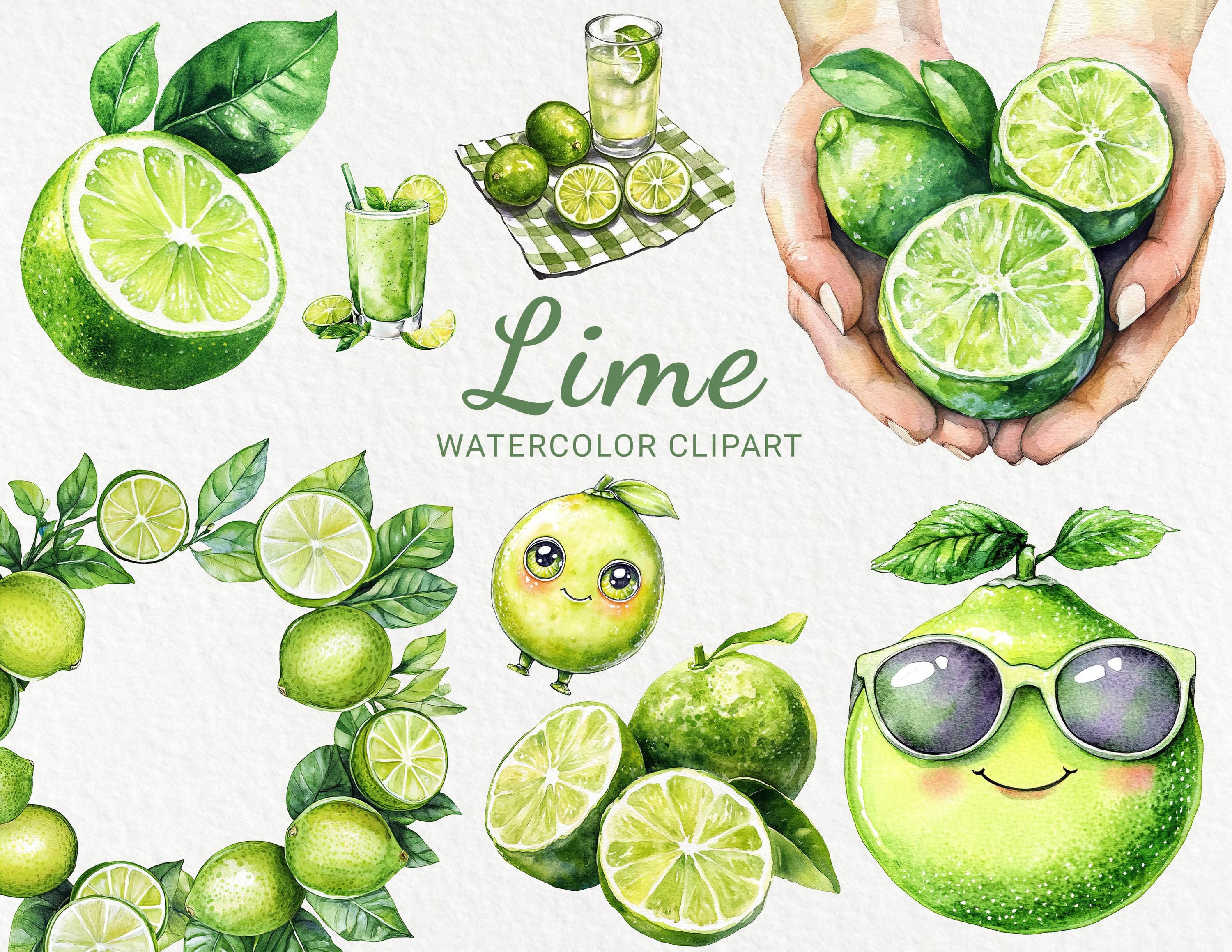 Lime Watercolor Clipart - 24 PNG Funny Lime Illustration, Cool Chibi ...