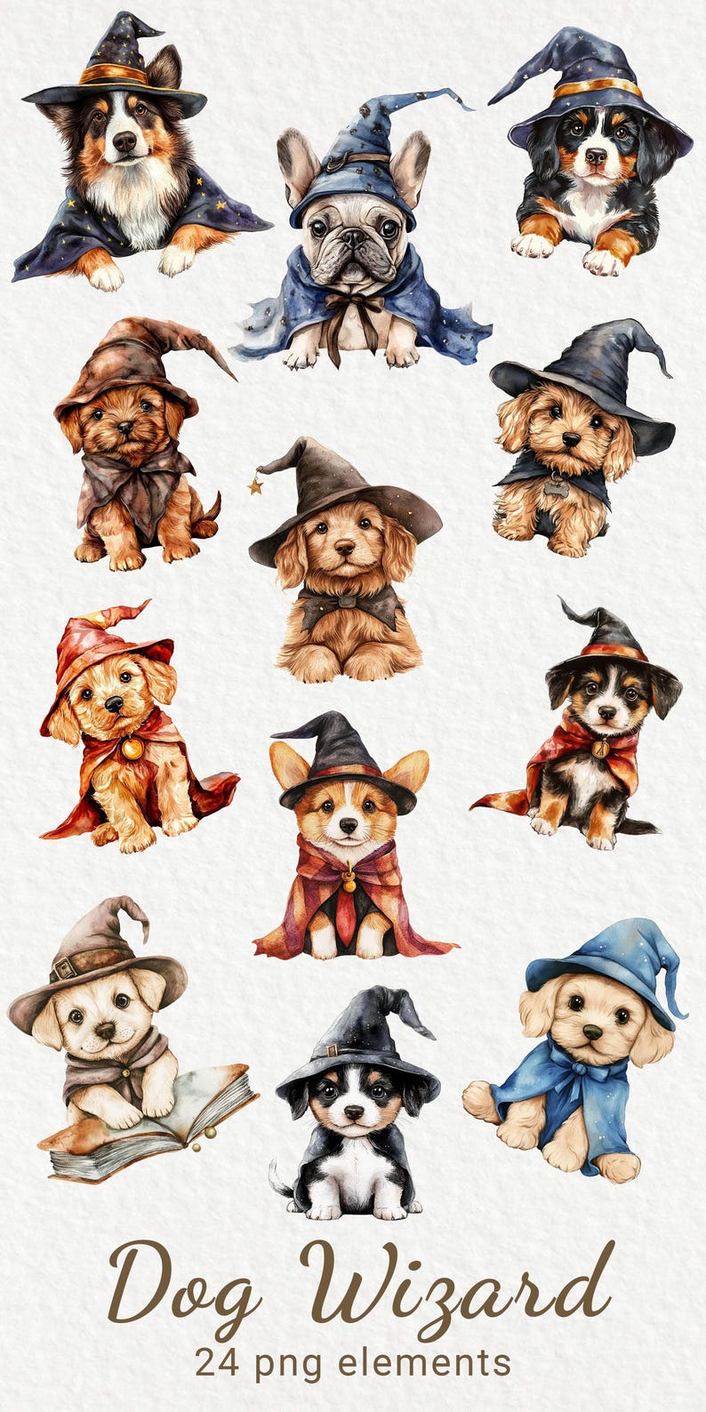 Wizard Dog Watercolor Clipart - 24 PNG Cute Dog Mage, Nursery Decor ...