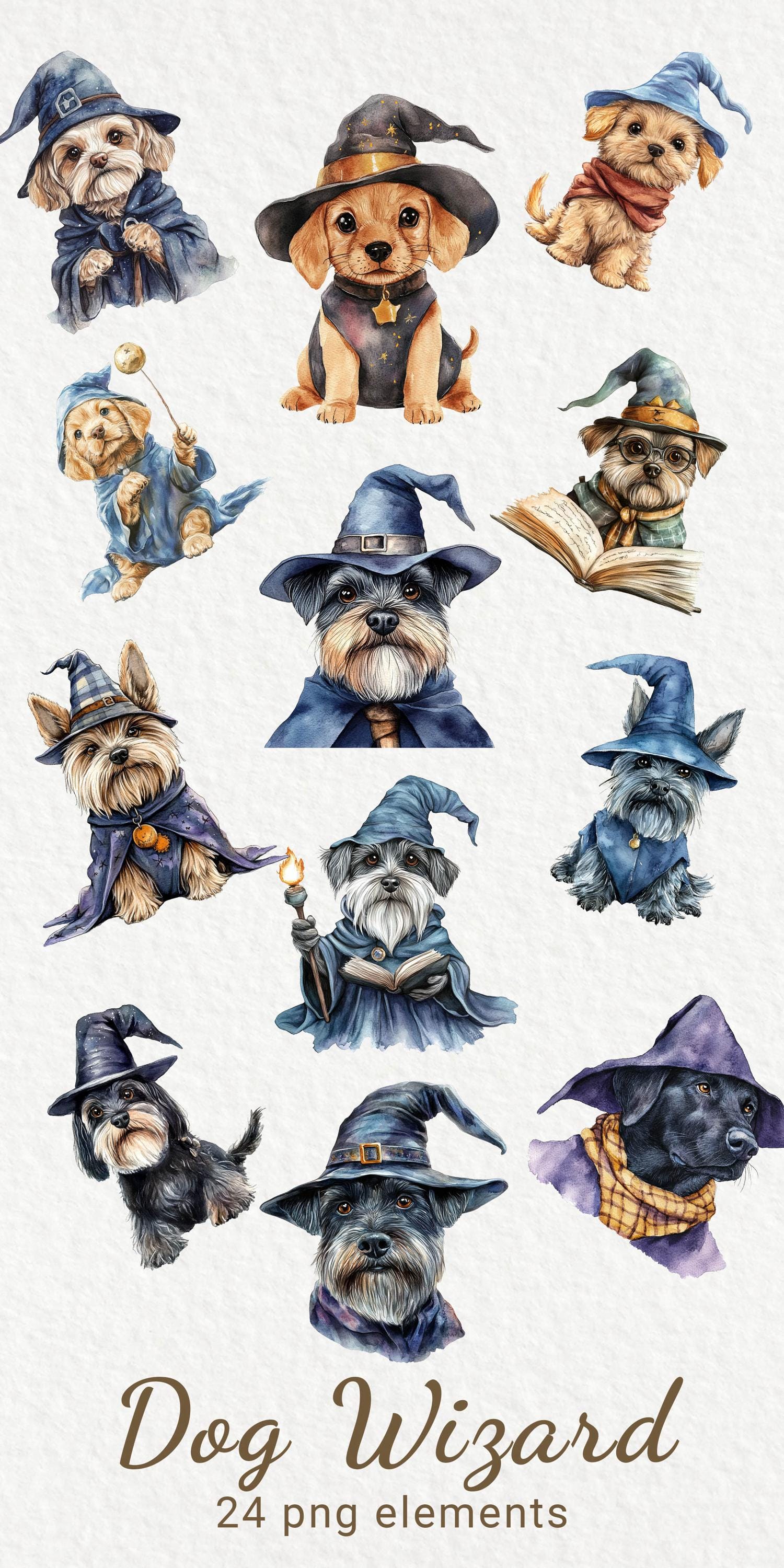 Wizard Dog Watercolor Clipart - 24 PNG Cute Dog Mage, Nursery Decor ...