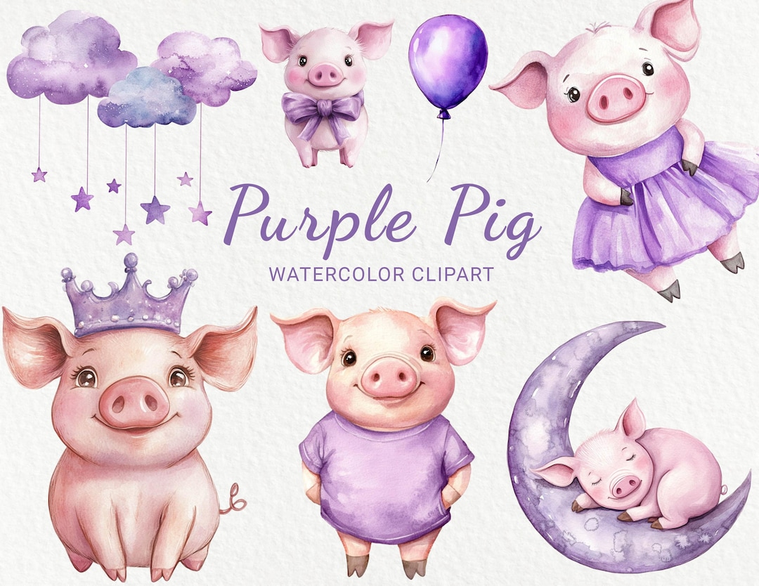 Purple Nursery Pig Clipart - 24 PNG Watercolor Cute Pig Printables ...