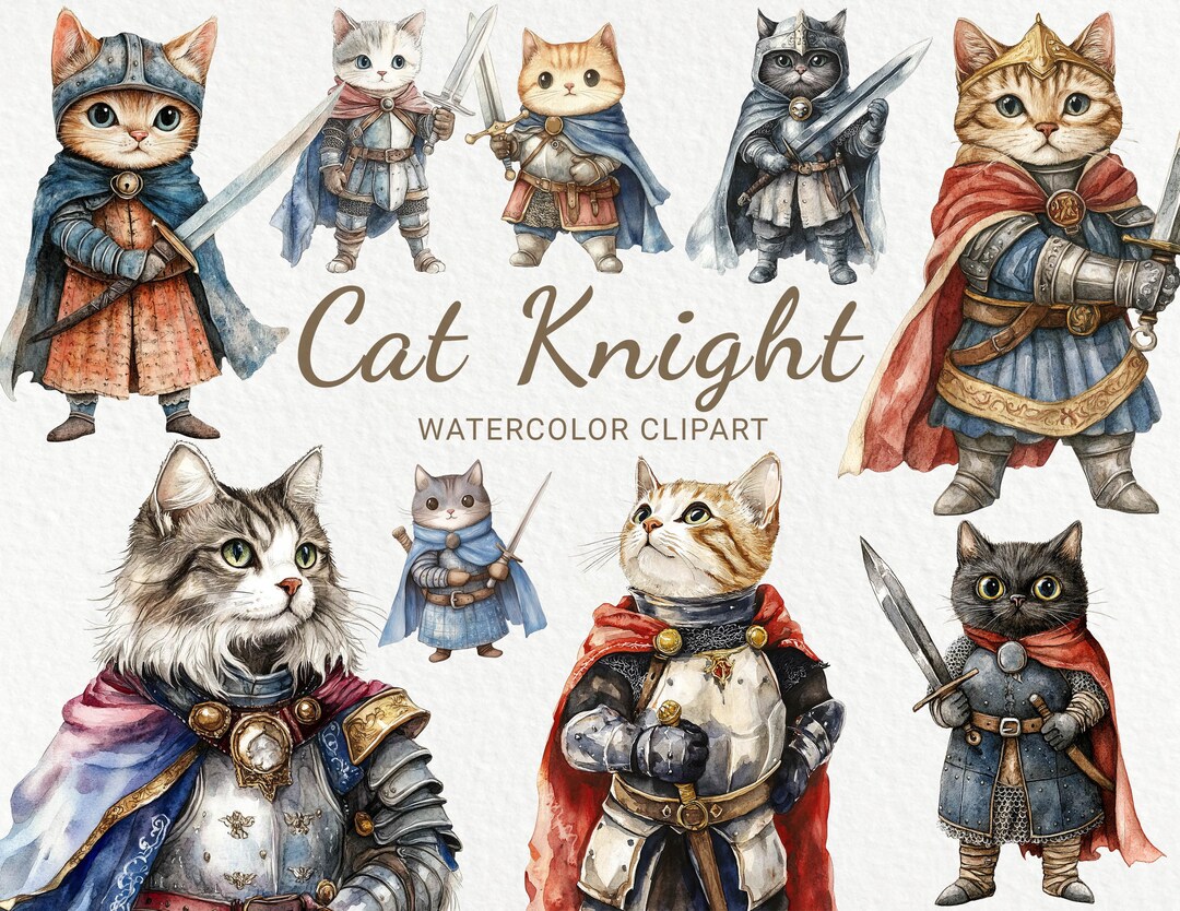 Cat Knight Clipart - 24 PNG Watercolor Cats in Vintage Armor, Cute Cats ...