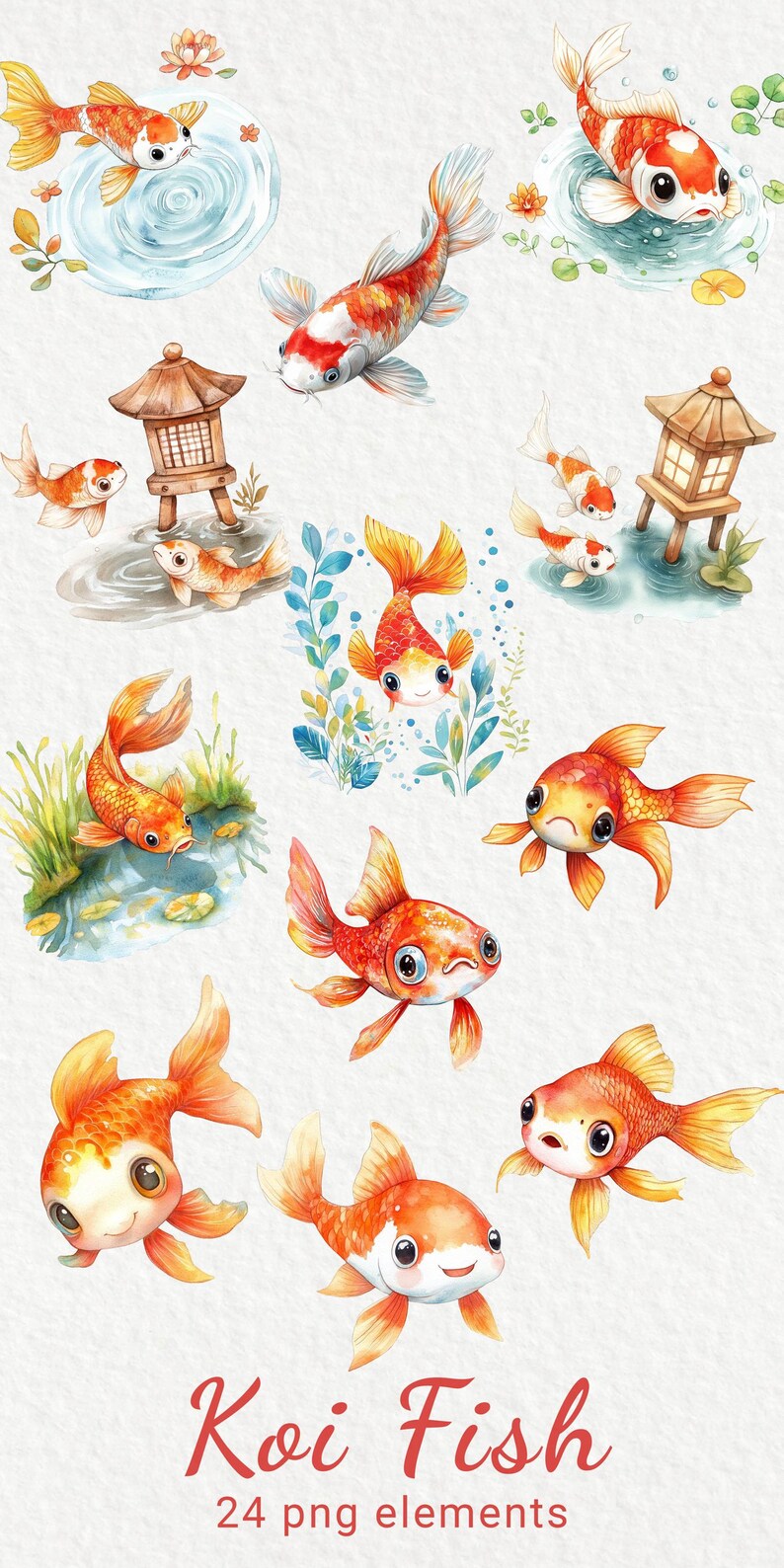 Koi Fish Clipart - 24 PNG Cute Watercolor Koi Fish Clip Art, Digital ...