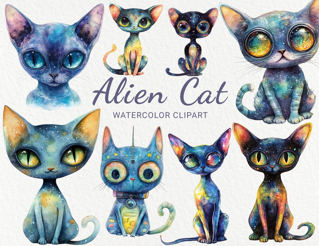 Alien Cat Clipart - 24 PNG Watercolor Whimsical Cat, Fantastic Cat ...