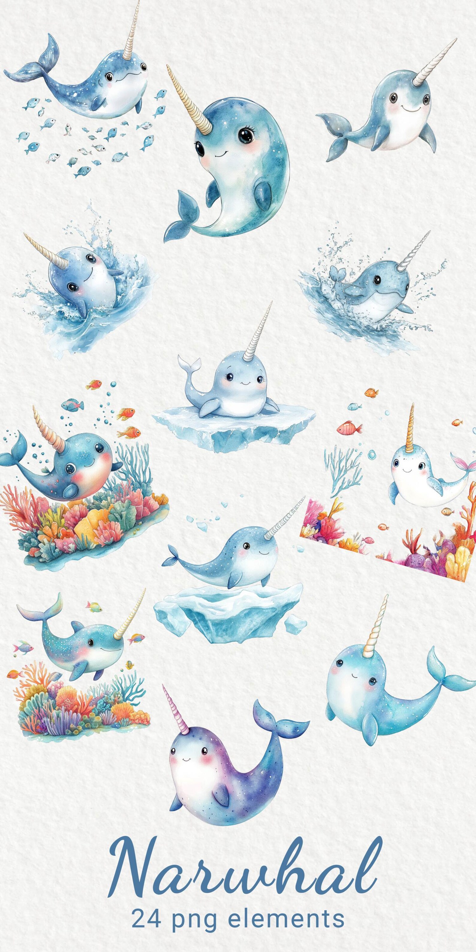 Narwhal Clipart - 24 PNG Watercolor Baby Narwhal Clip Art, Funny Sea ...