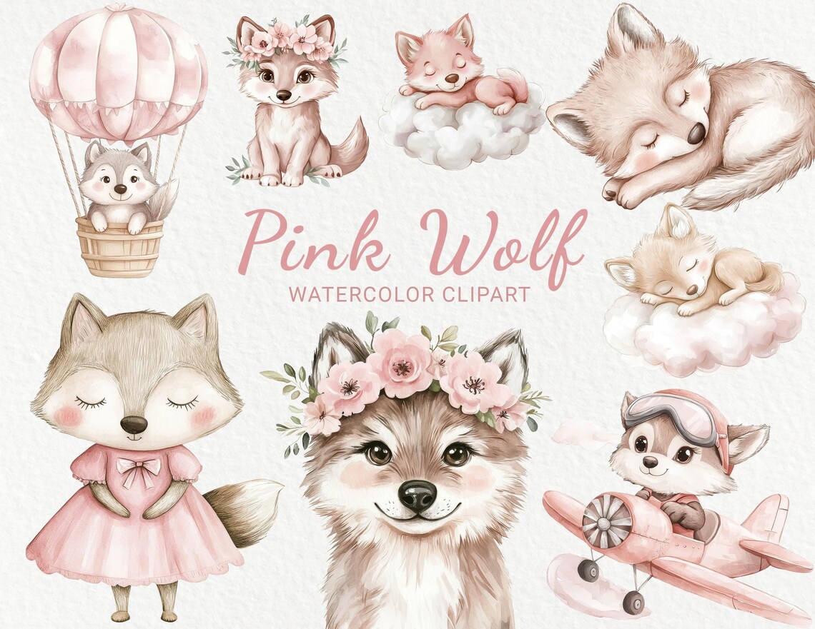 Pink Wolf Nursery Watercolor Clipart - 24 PNG Woodland Animals Decor ...