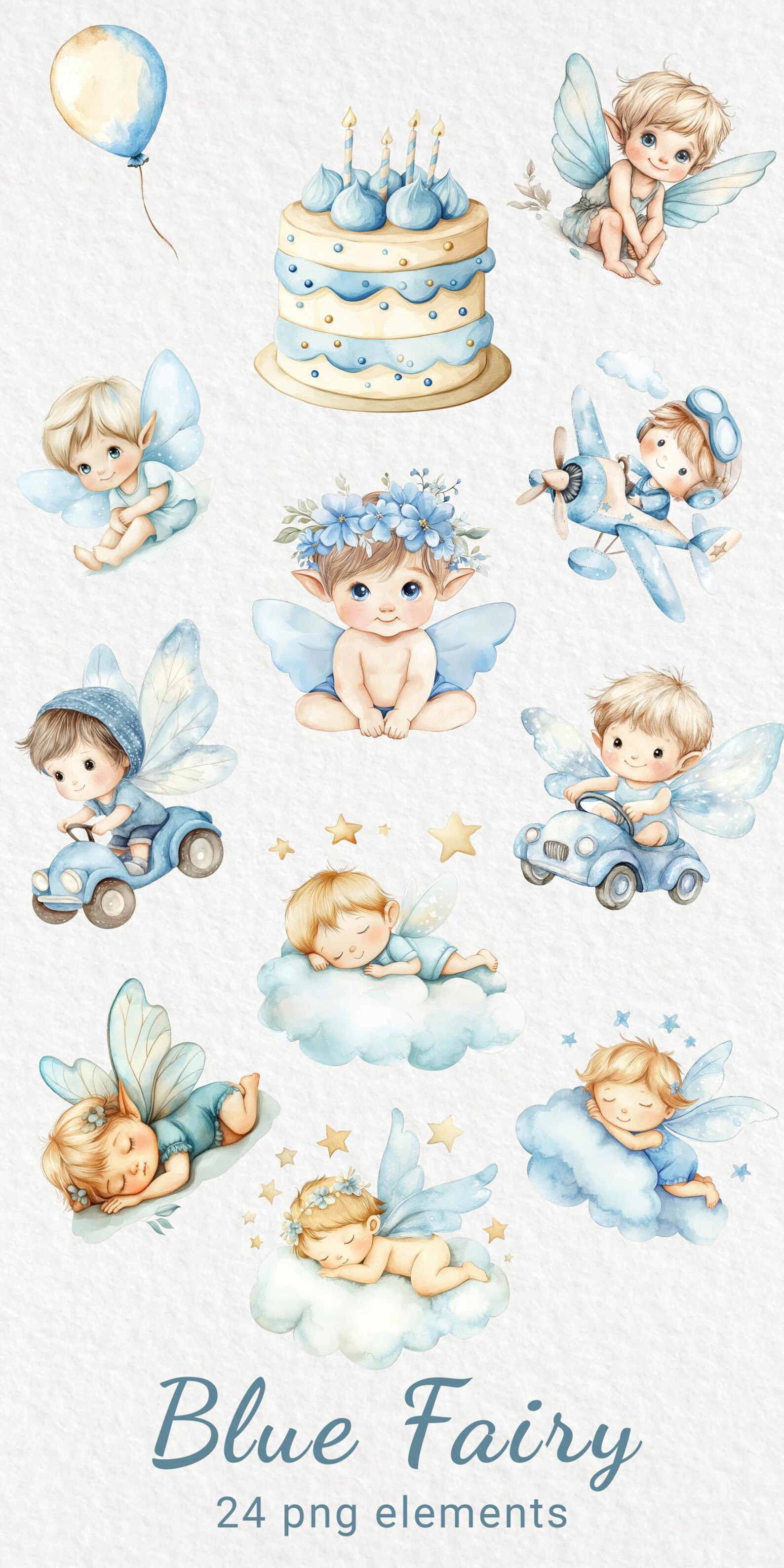 Blue Fairy Watercolor Clipart - 24 PNG Cute Fairy Decor, Nursery, Baby ...