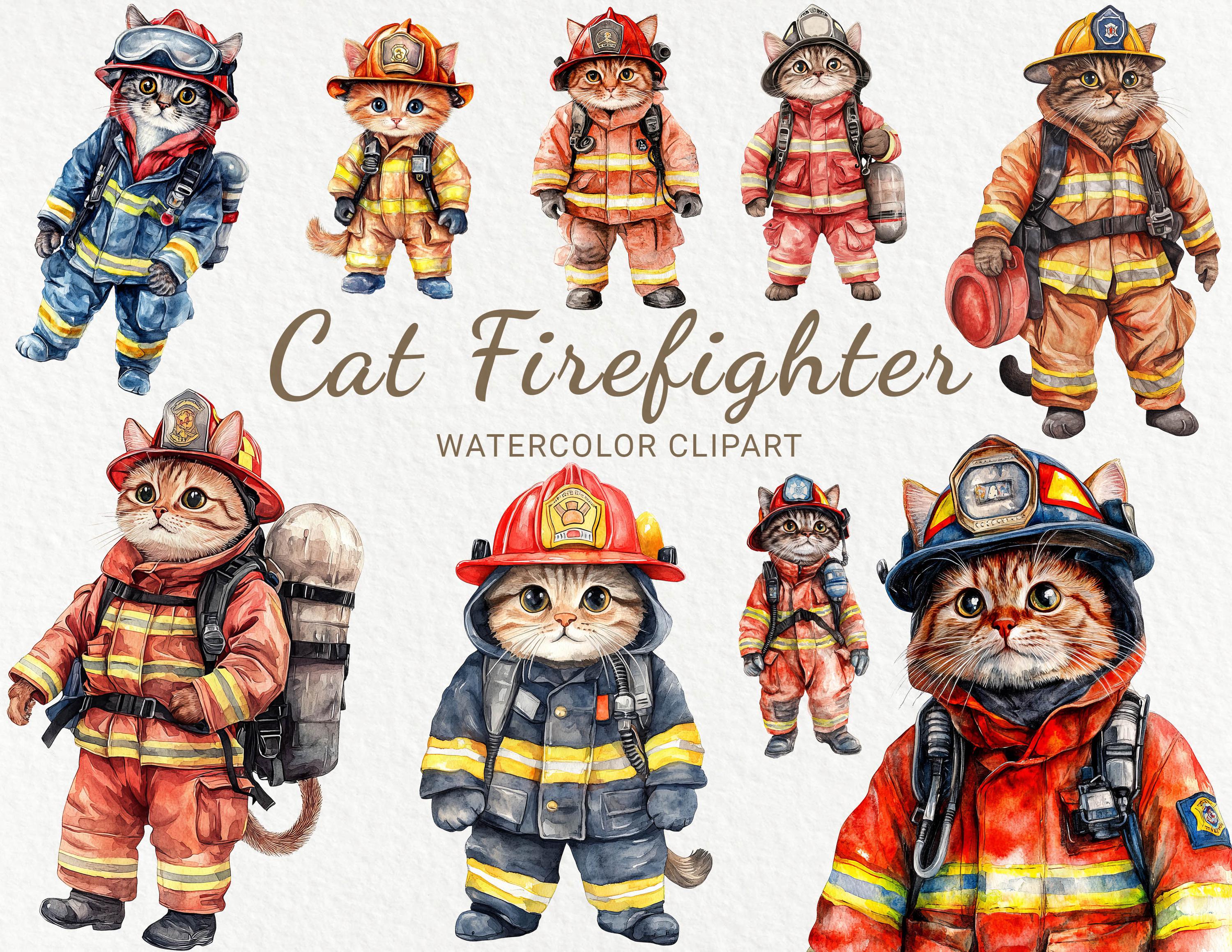 Cat Firefighter Clipart - 24 PNG Watercolor Kitten Fireman, Cute Cat ...