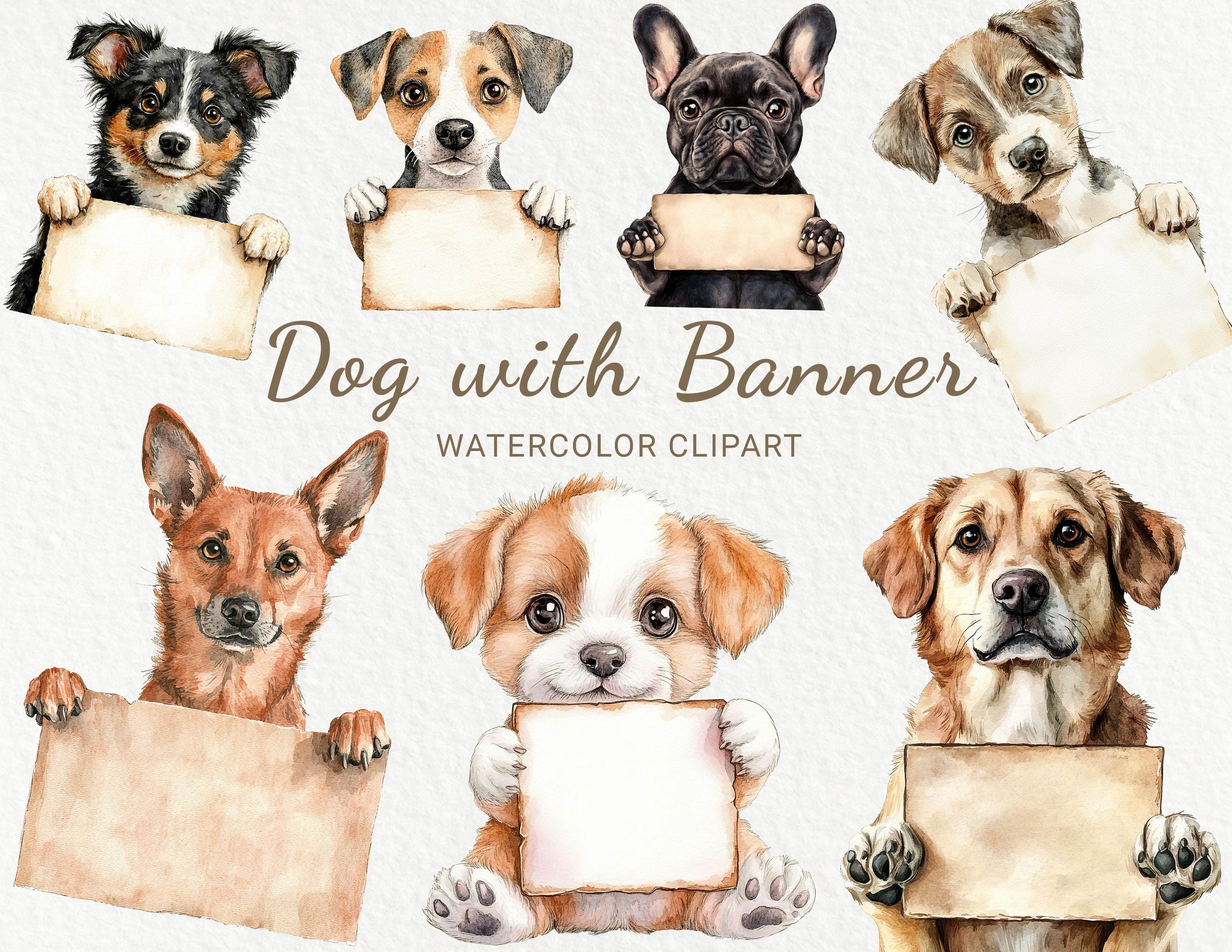 Dog With a Blank Sign Clipart - 24 PNG Watercolor Dog Clipart, Write ...