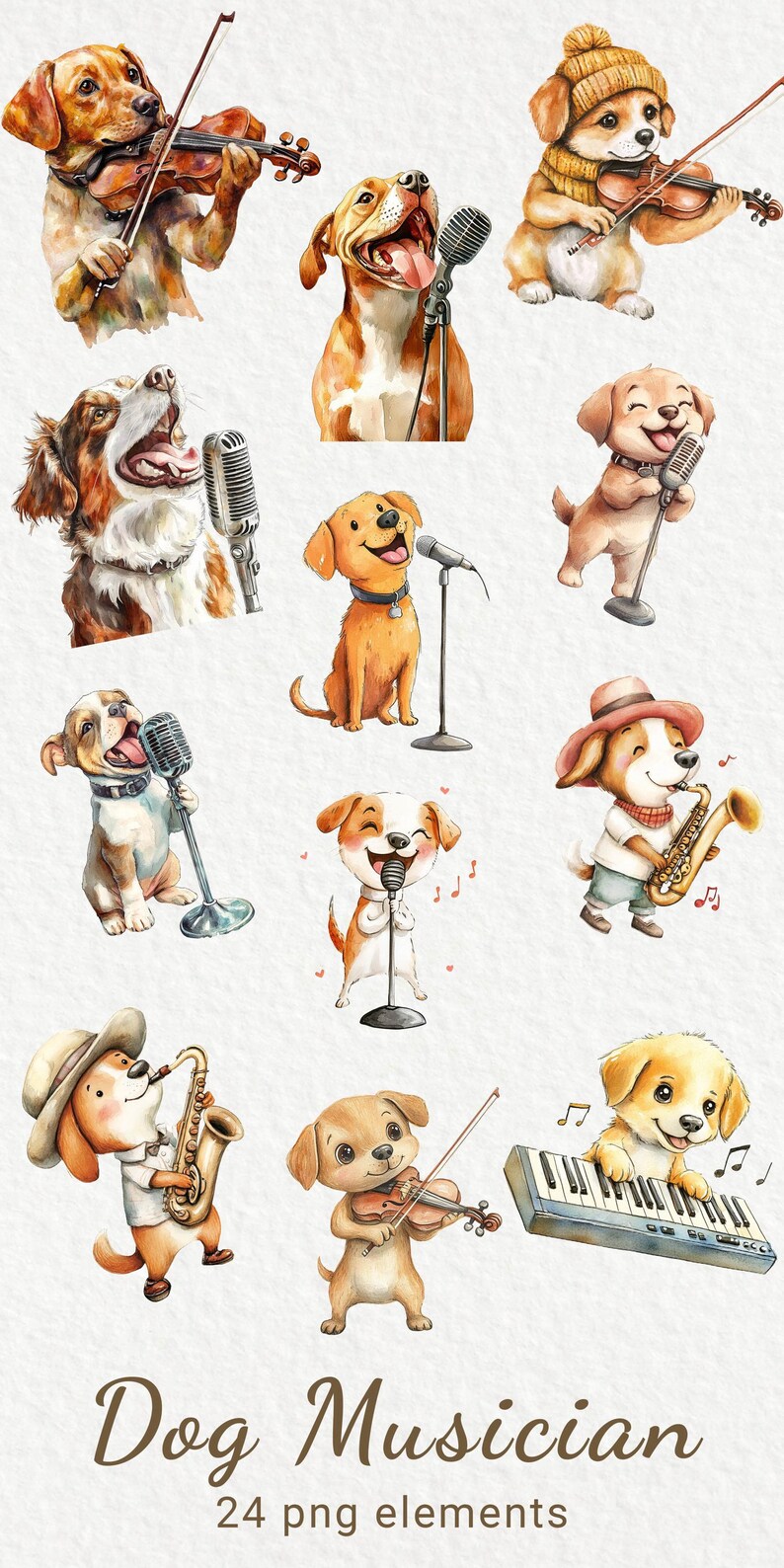 Dog Musician Watercolor Clipart - 24 PNG Dog Play Different Musical ...