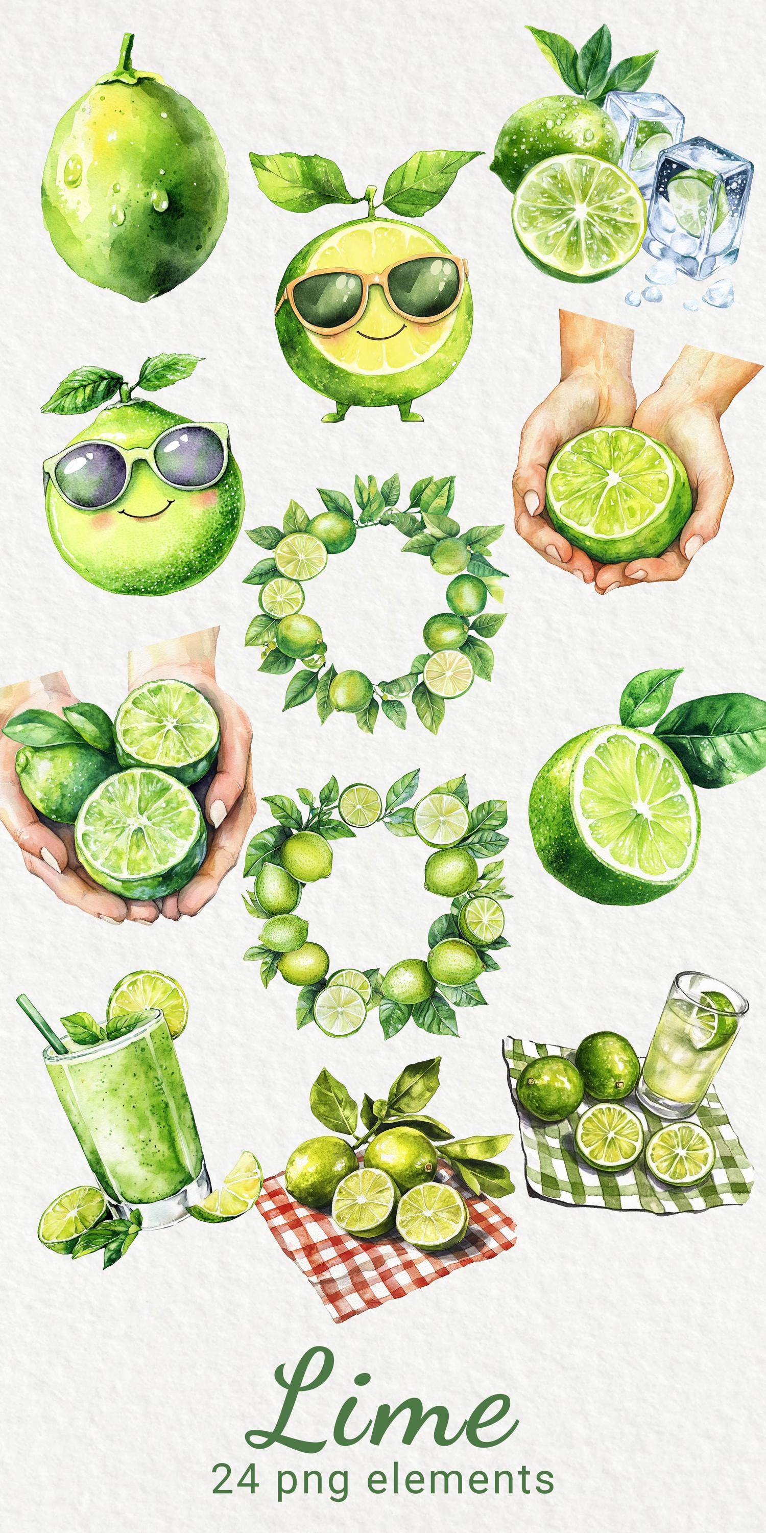 Lime Watercolor Clipart - 24 PNG Funny Lime Illustration, Cool Chibi ...