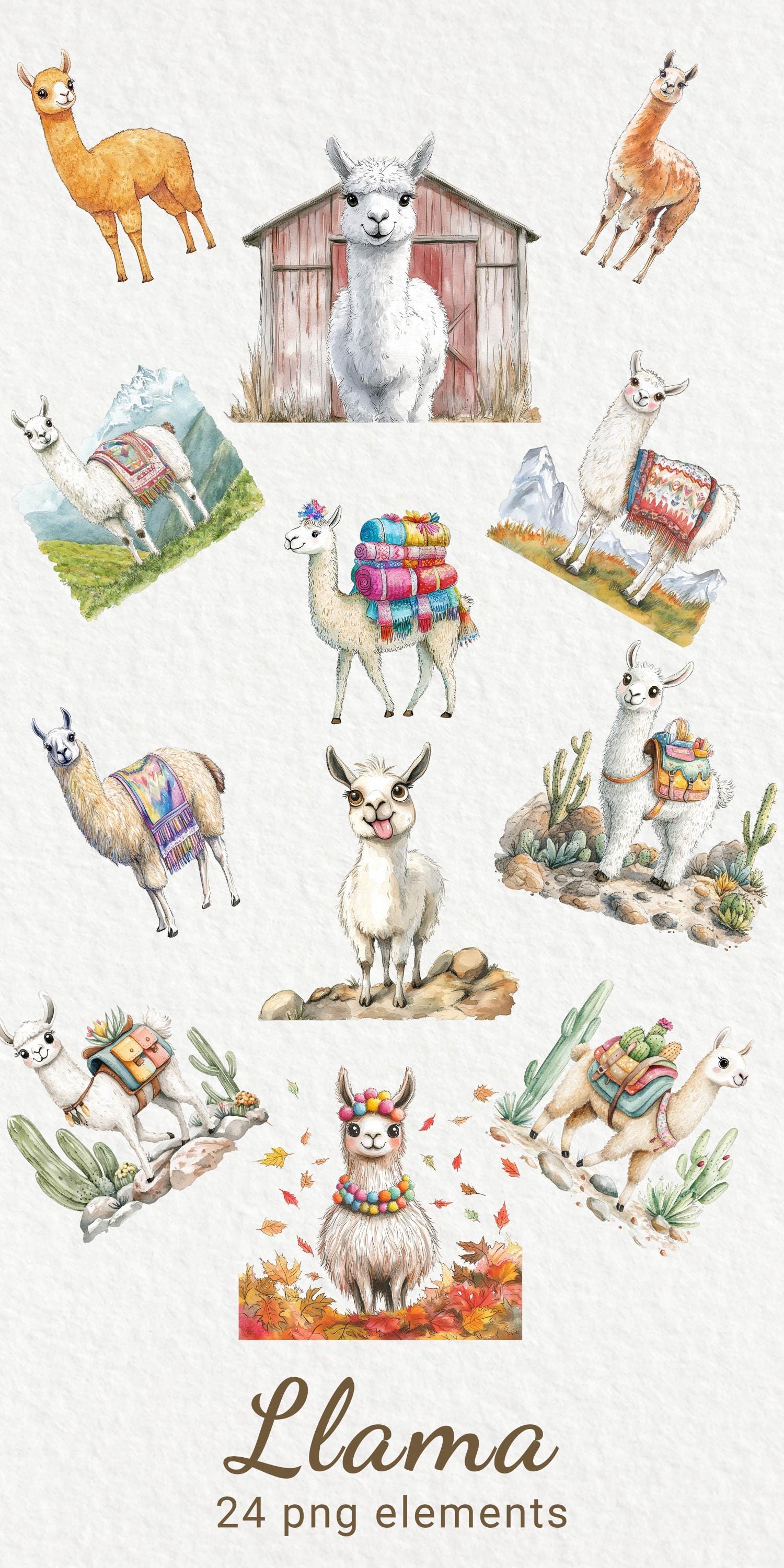 Llama Clipart - 24 PNG Watercolor Baby Llama Clip Art, Funny Alpaca ...