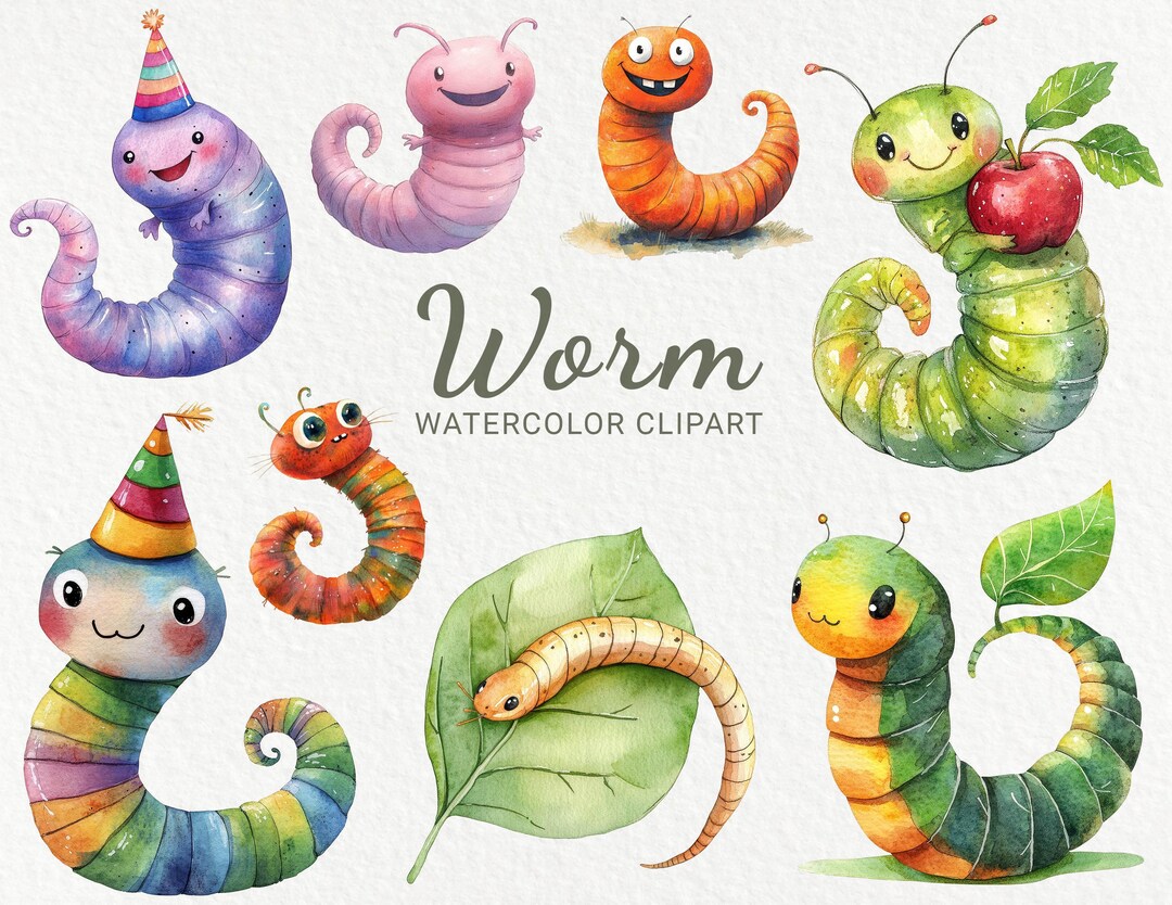 Worm Watercolor Clipart - 24 PNG Cute Insects Clip Art, Funny Worms ...