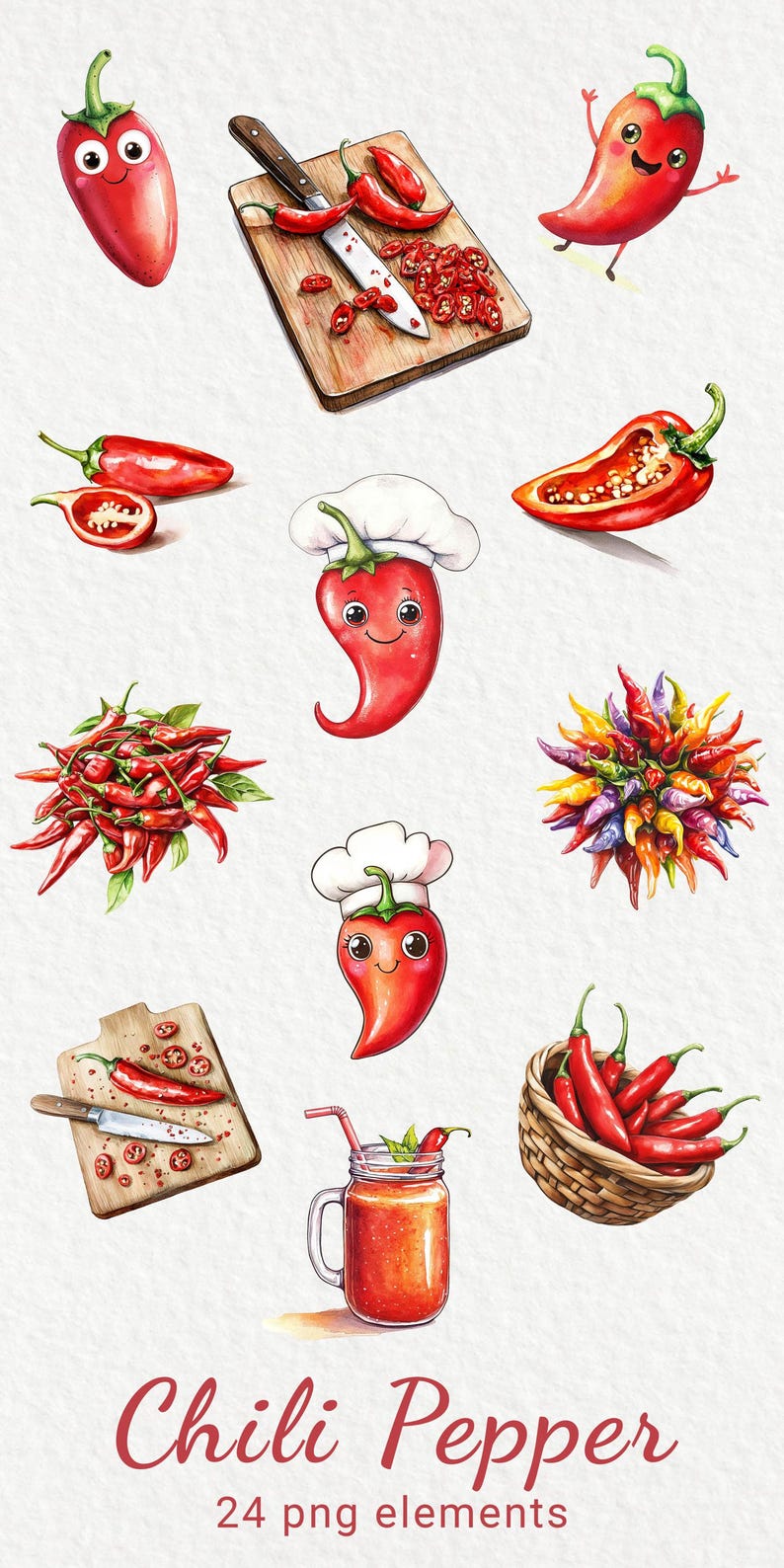 Chili Pepper Watercolor Clipart - 24 PNG Funny Chili Illustration, Cool ...