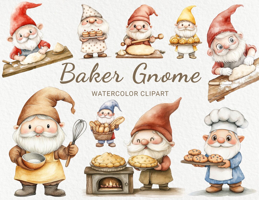 Baker Gnome Clipart - 24 PNG Watercolor Dwarf in Bakery, Baking ...