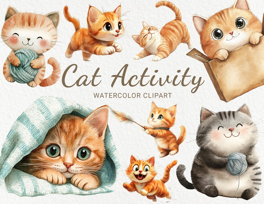 Cat Activity Watercolor Clipart - 24 PNG Cute Fairy Animals Decor, Cat ...