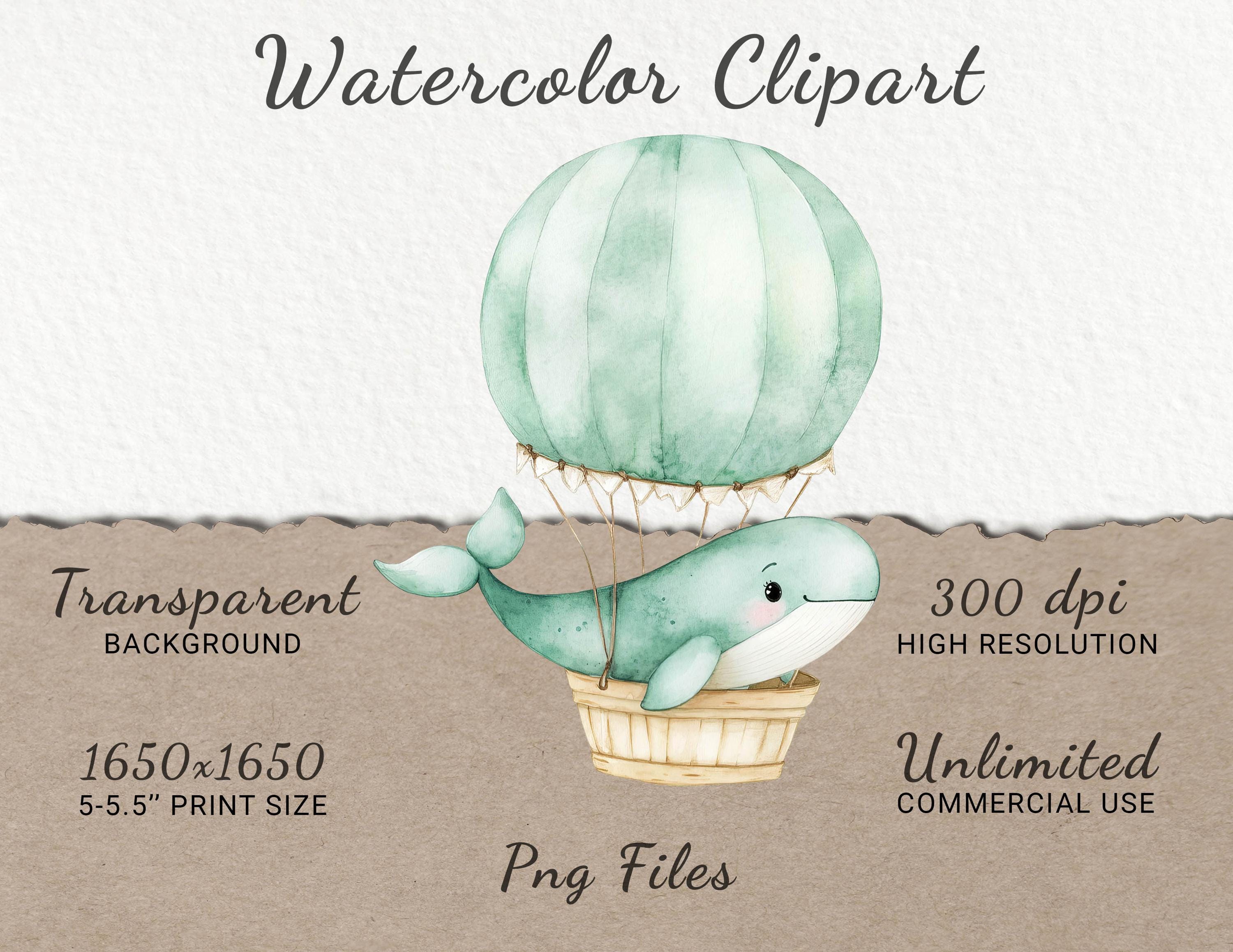 Green Whale Nursery Watercolor Clipart - 24 PNG Cute Marine Decor Clip ...