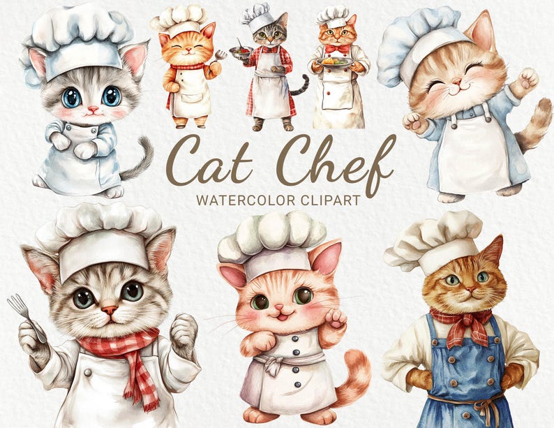 Cat Chef Clipart - 24 PNG Watercolor Cats in Chef Hat Clipart, Cute ...