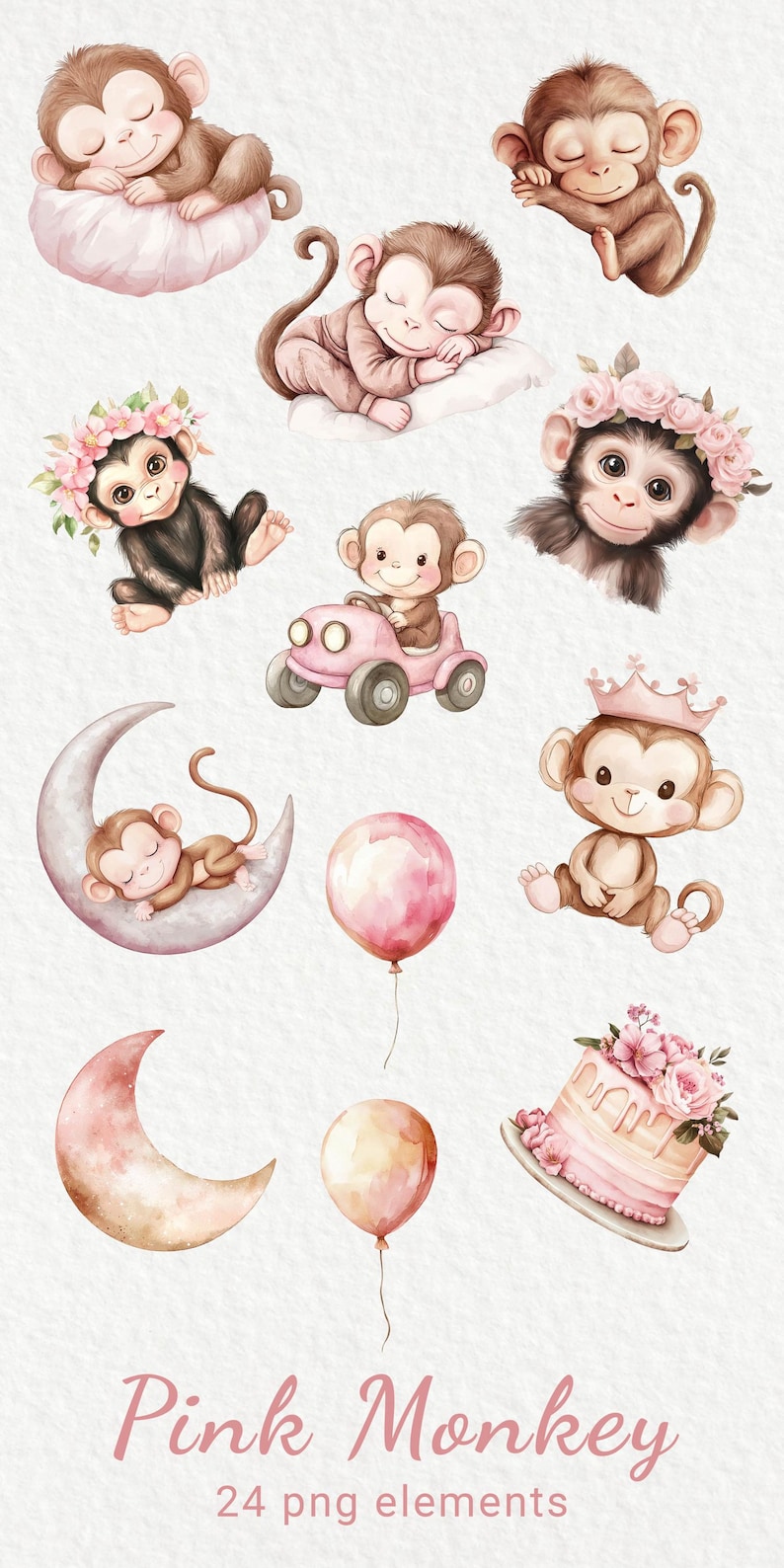 Pink Monkey Watercolor Clipart - 24 PNG Safari Animals Kids Room Decor ...