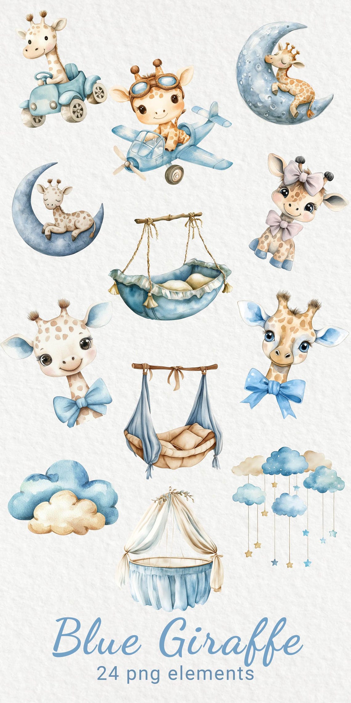 Blue Giraffe Watercolor Clipart - 24 PNG Nursery Cute Fairy Safari ...
