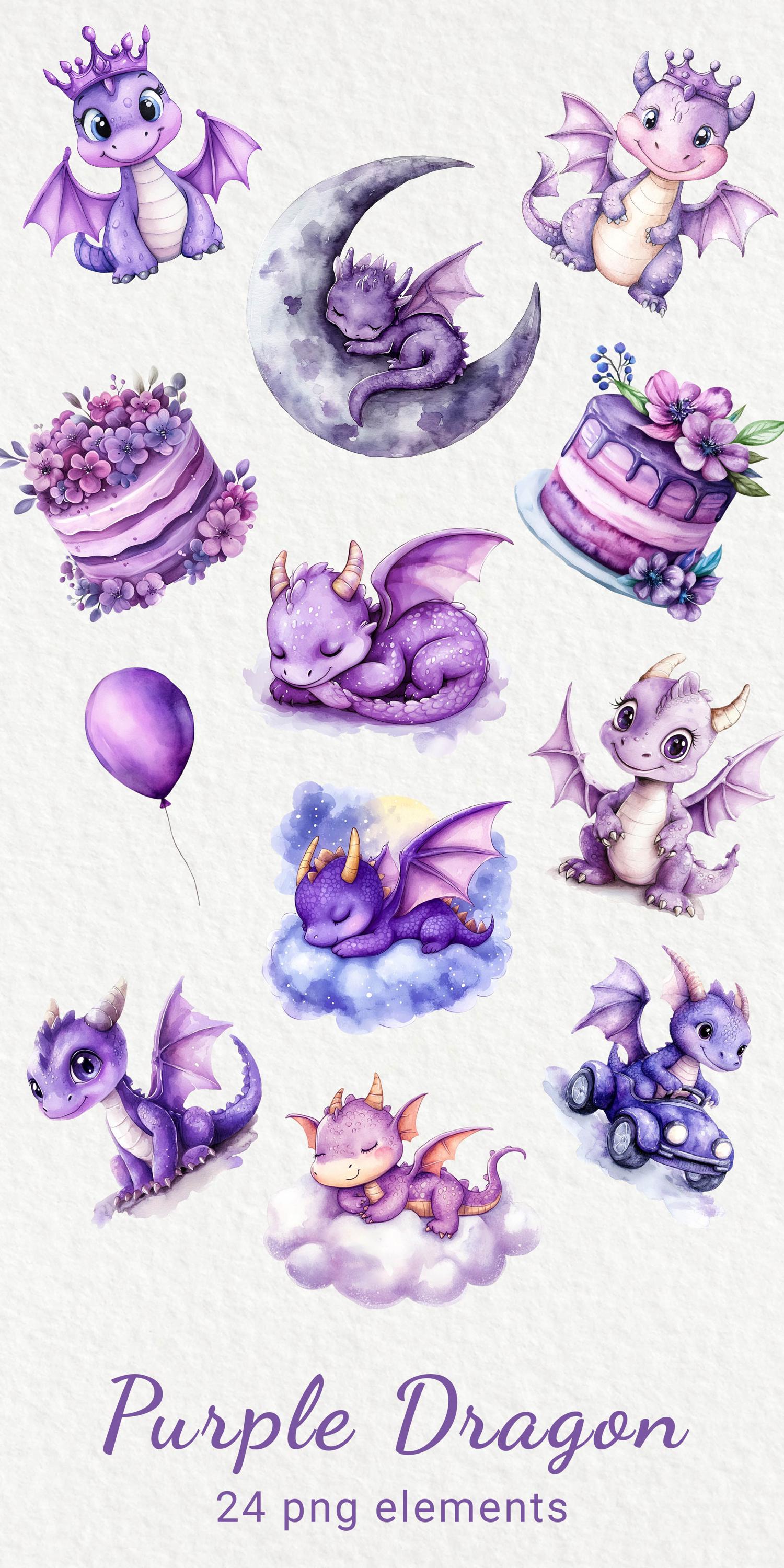 Purple Dragon Watercolor Clipart - 24 PNG Cute Magic Creature, Violet ...