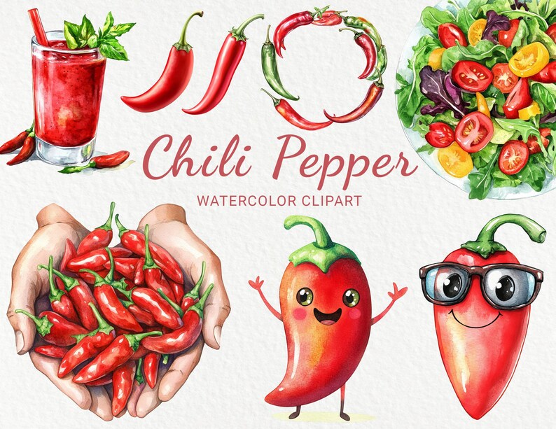 Chili Pepper Watercolor Clipart - 24 PNG Funny Chili Illustration, Cool ...