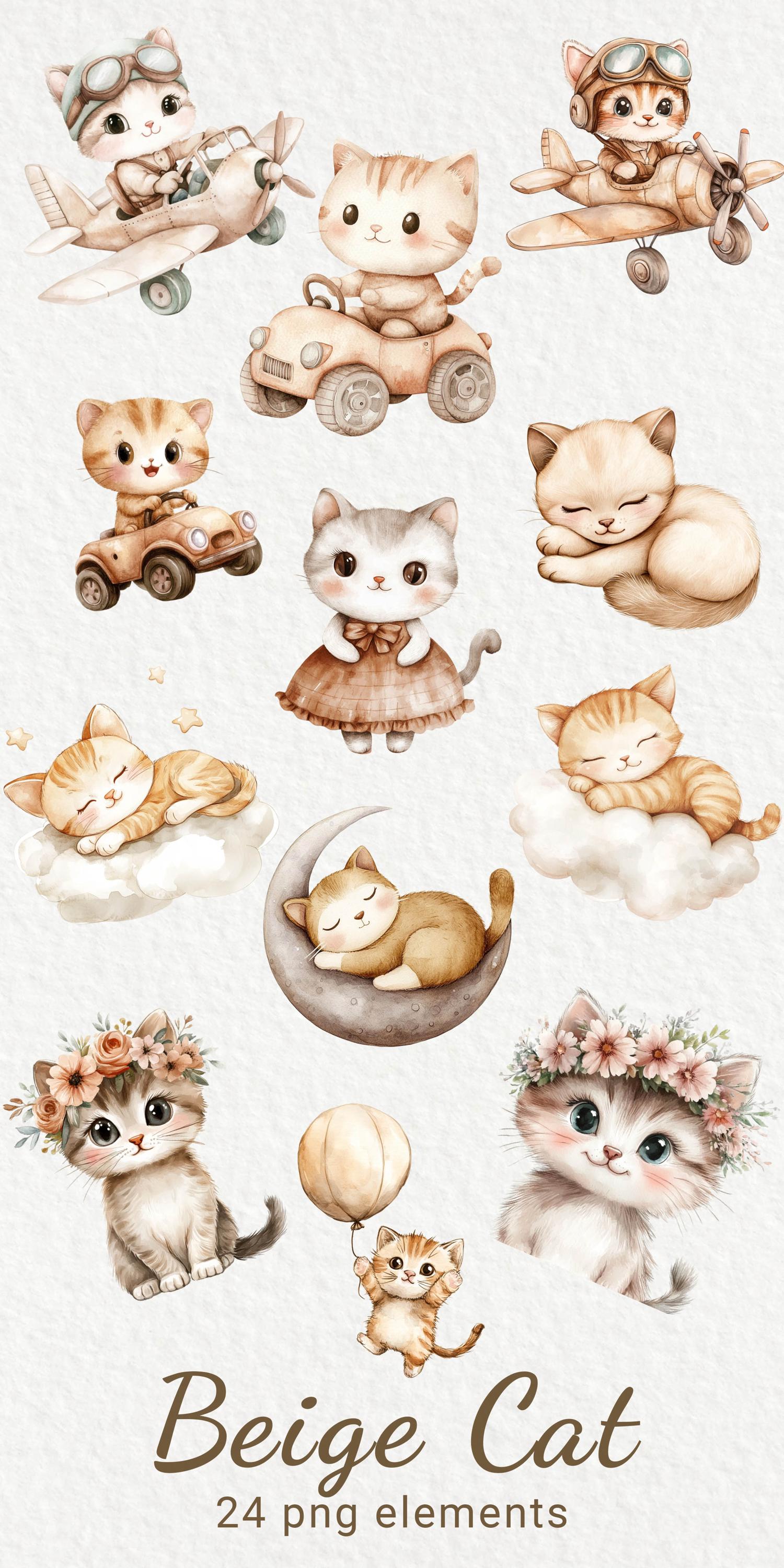 Cat Nursery Watercolor Clipart - 24 PNG Cute Fairy Animals Decor in ...