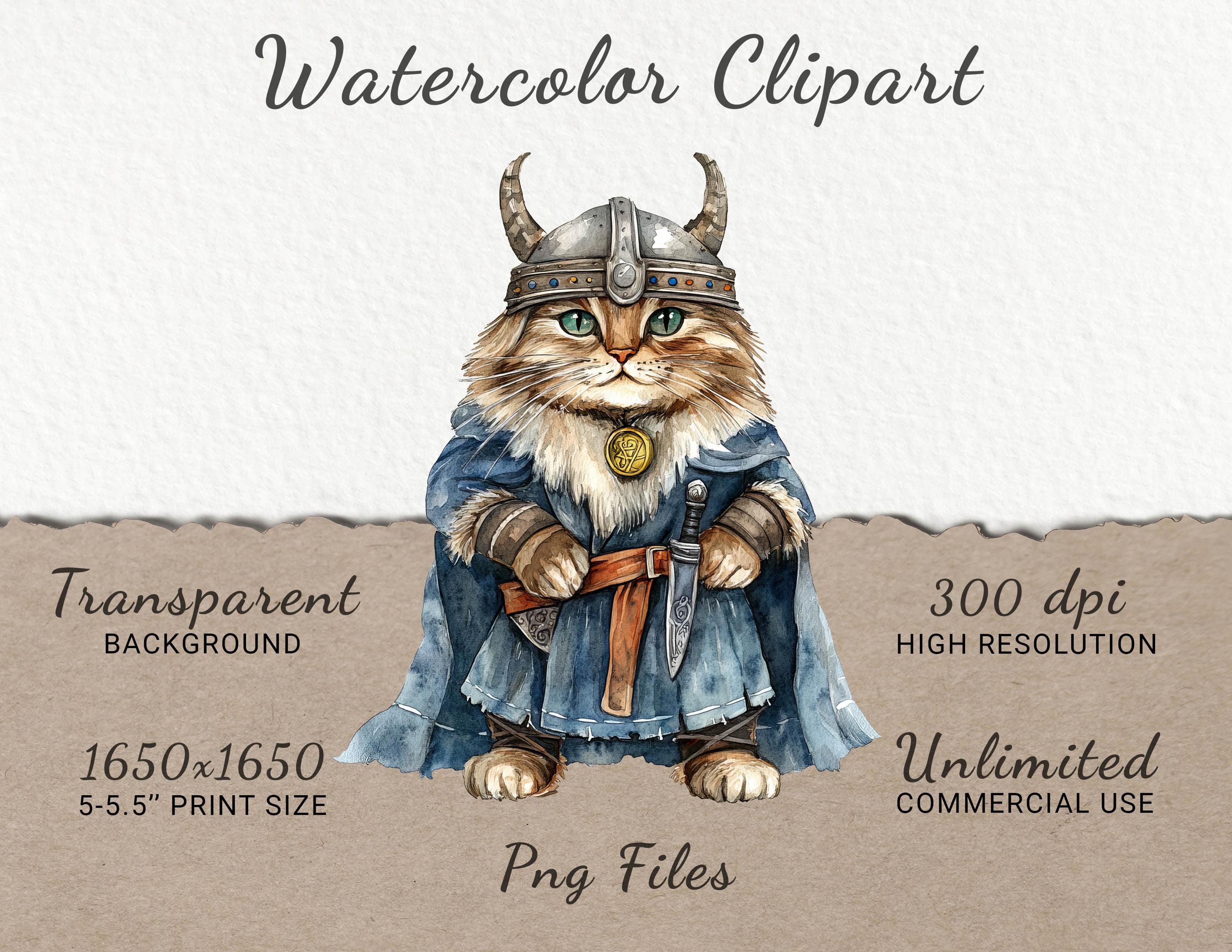 Viking Cat Clipart - 24 PNG Watercolor Kitten in Scandinavian Armor ...