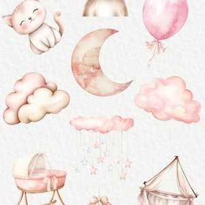 Pink Cat Nursery Watercolor Clipart - 24 PNG Cute Fairy Animals Decor ...