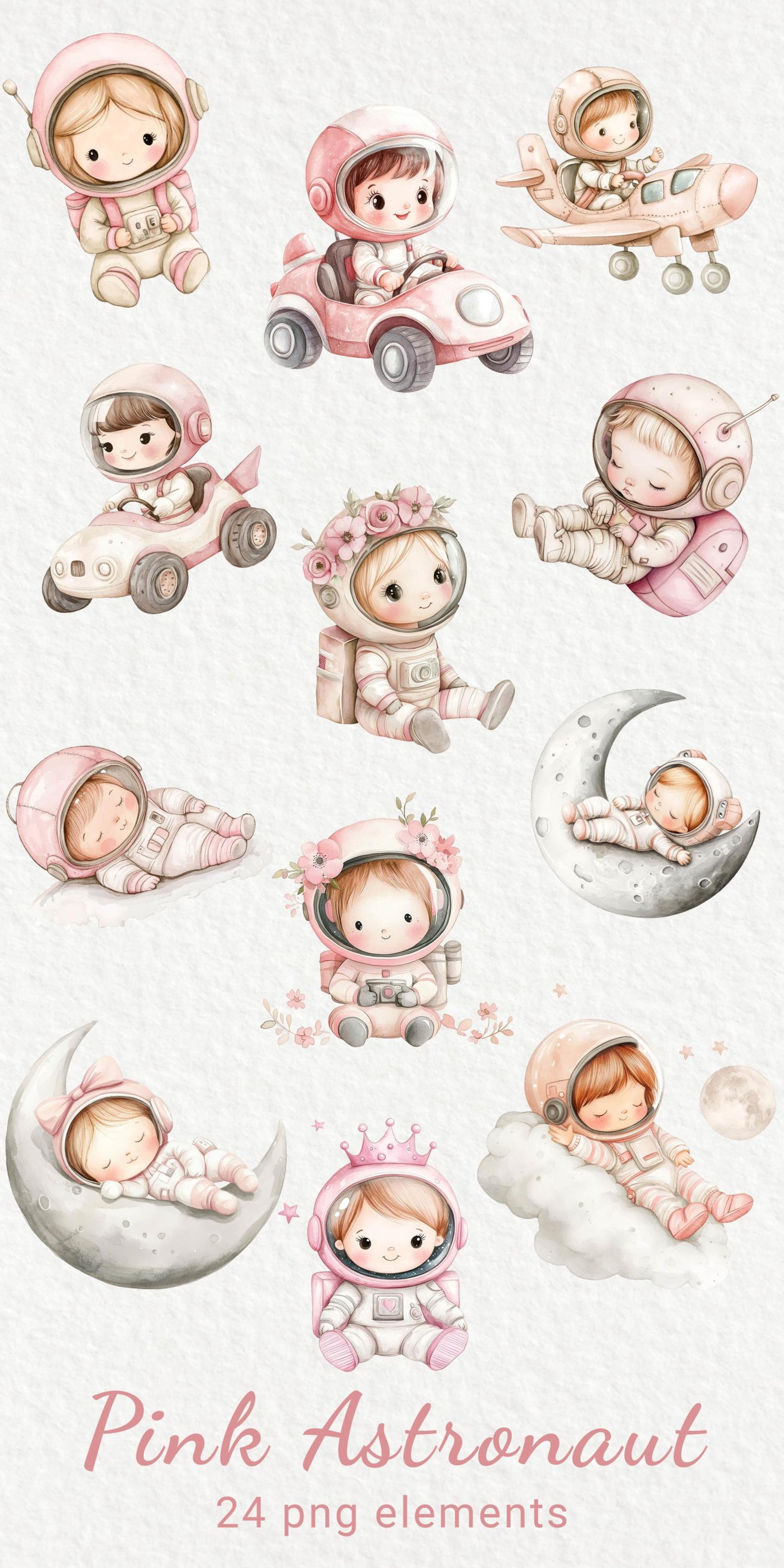 Pink Astronaut Watercolor Clipart - 24 PNG Space Decor, Rose Nursery ...