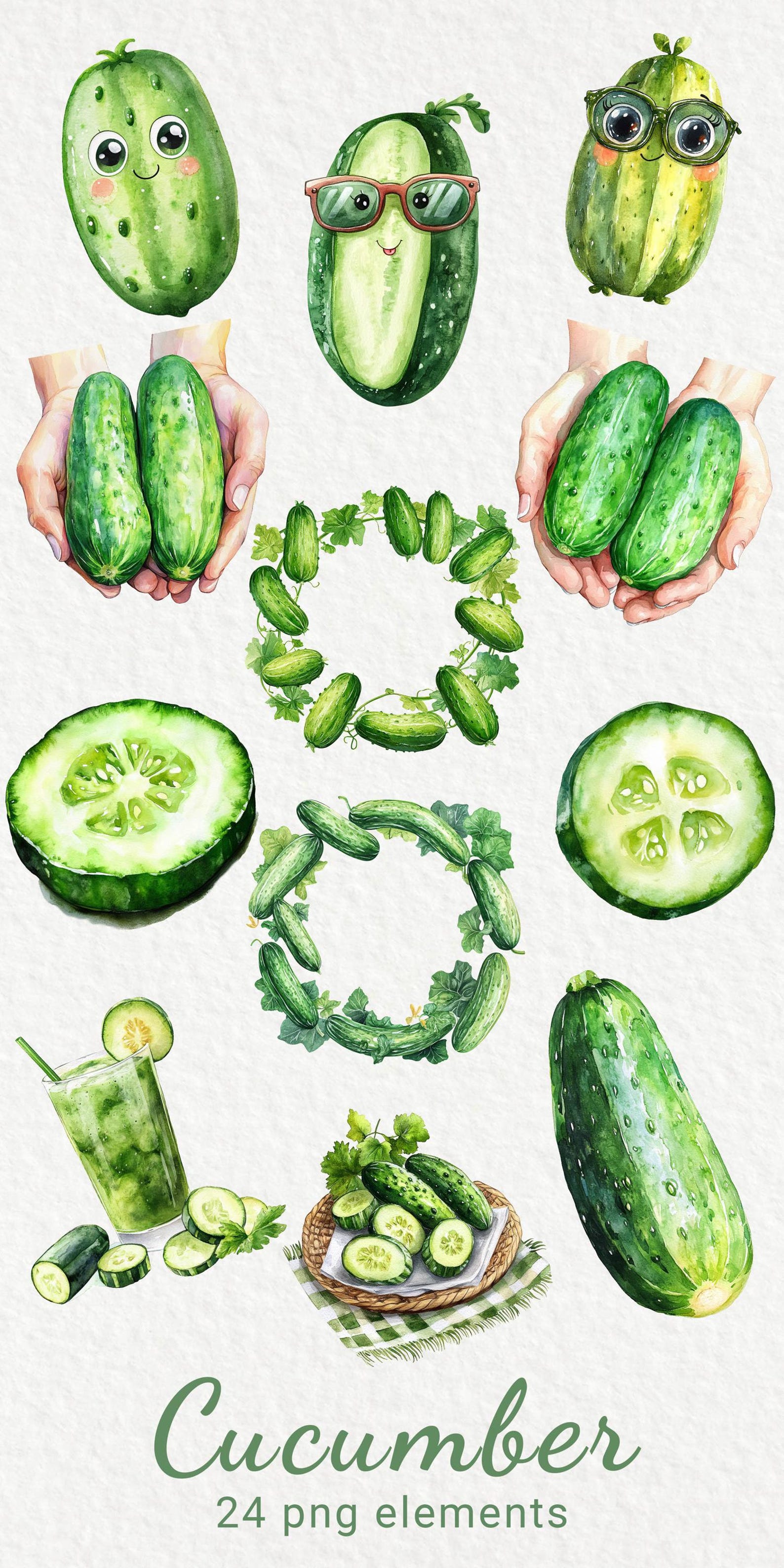 Cucumber Watercolor Clipart - 24 PNG Funny Cucumber Illustration, Cool ...